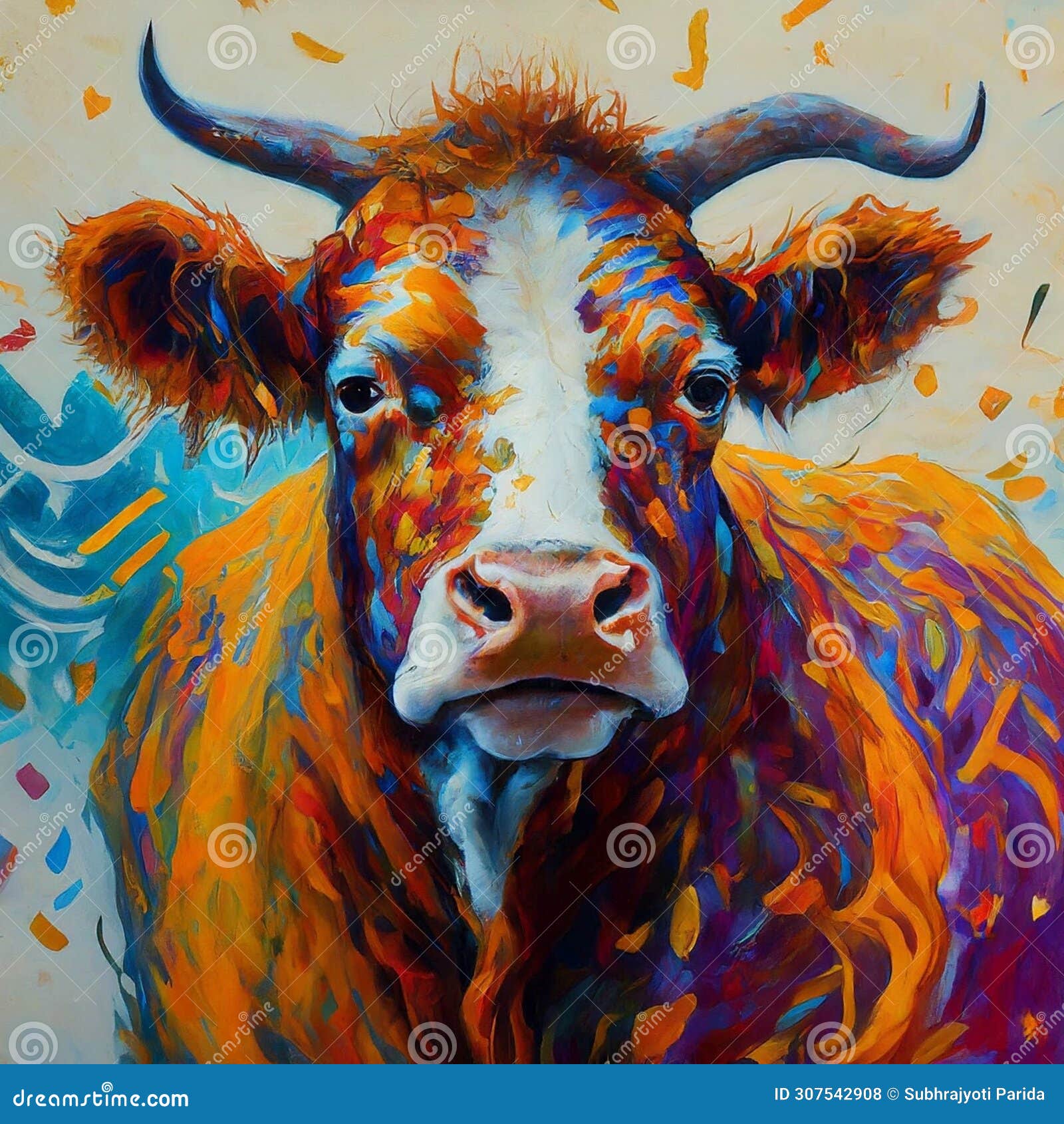 A Colorful Portrait of a Cow with Horns Stock Illustration ...