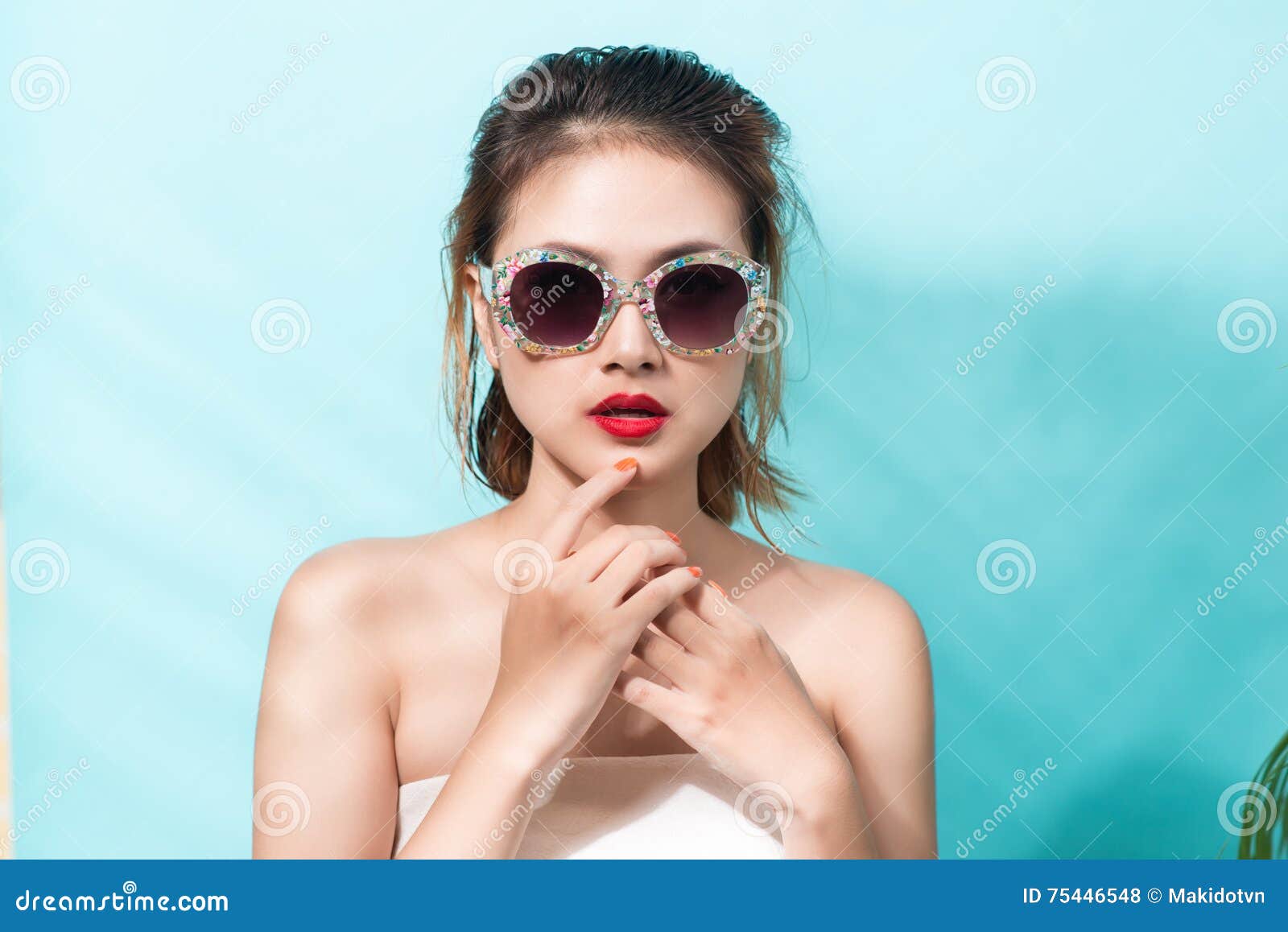 Colorful Portrait Of Young Attractive Asian Woman Wearing Sunglasses On