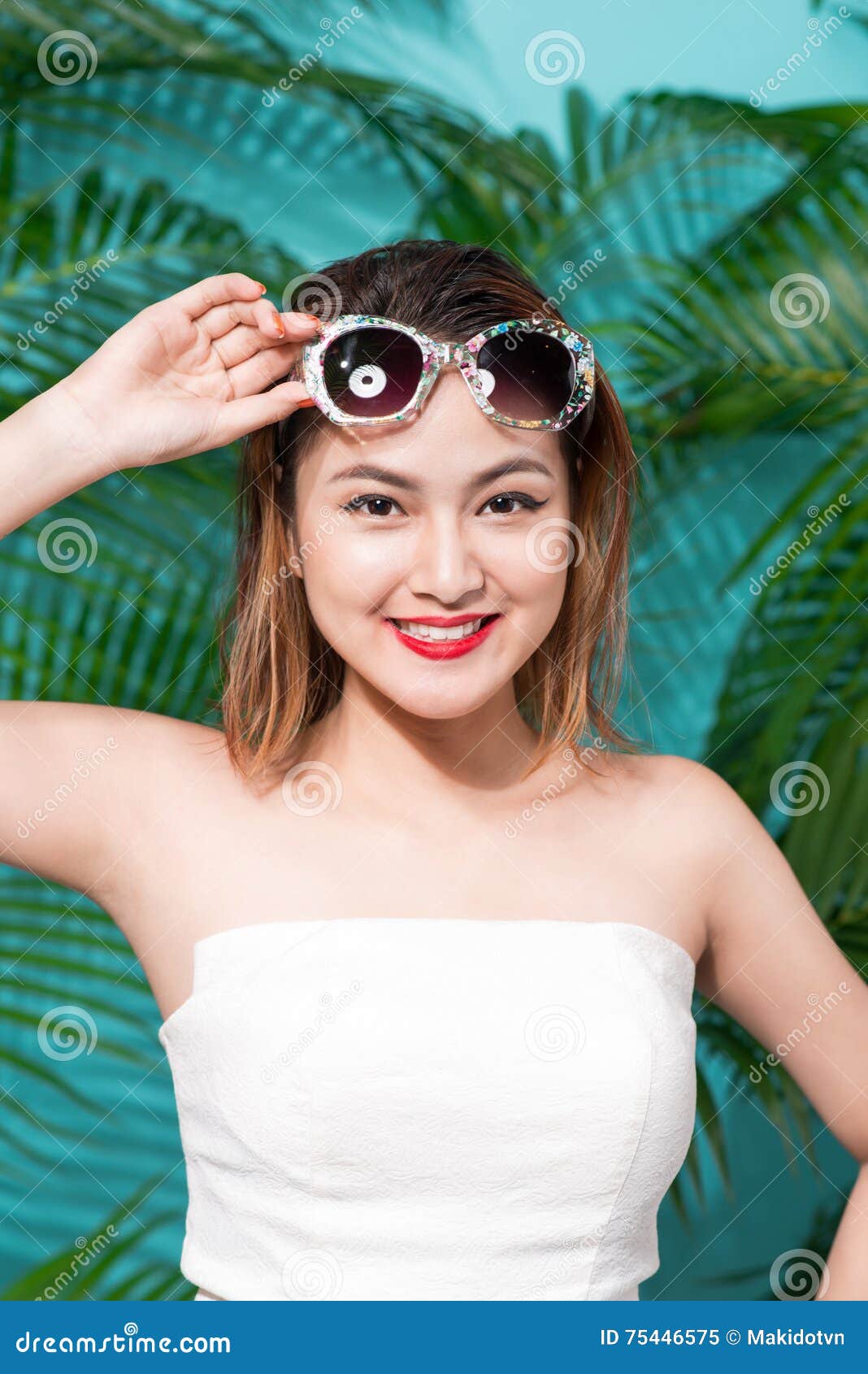 Colorful Portrait Of Young Attractive Asian Woman Wearing Sunglasses On