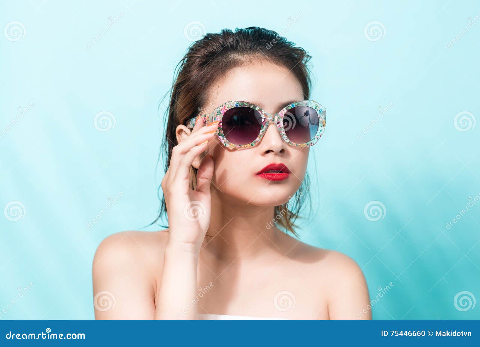 Colorful Portrait Of Young Attractive Asian Woman Wearing Sunglasses On