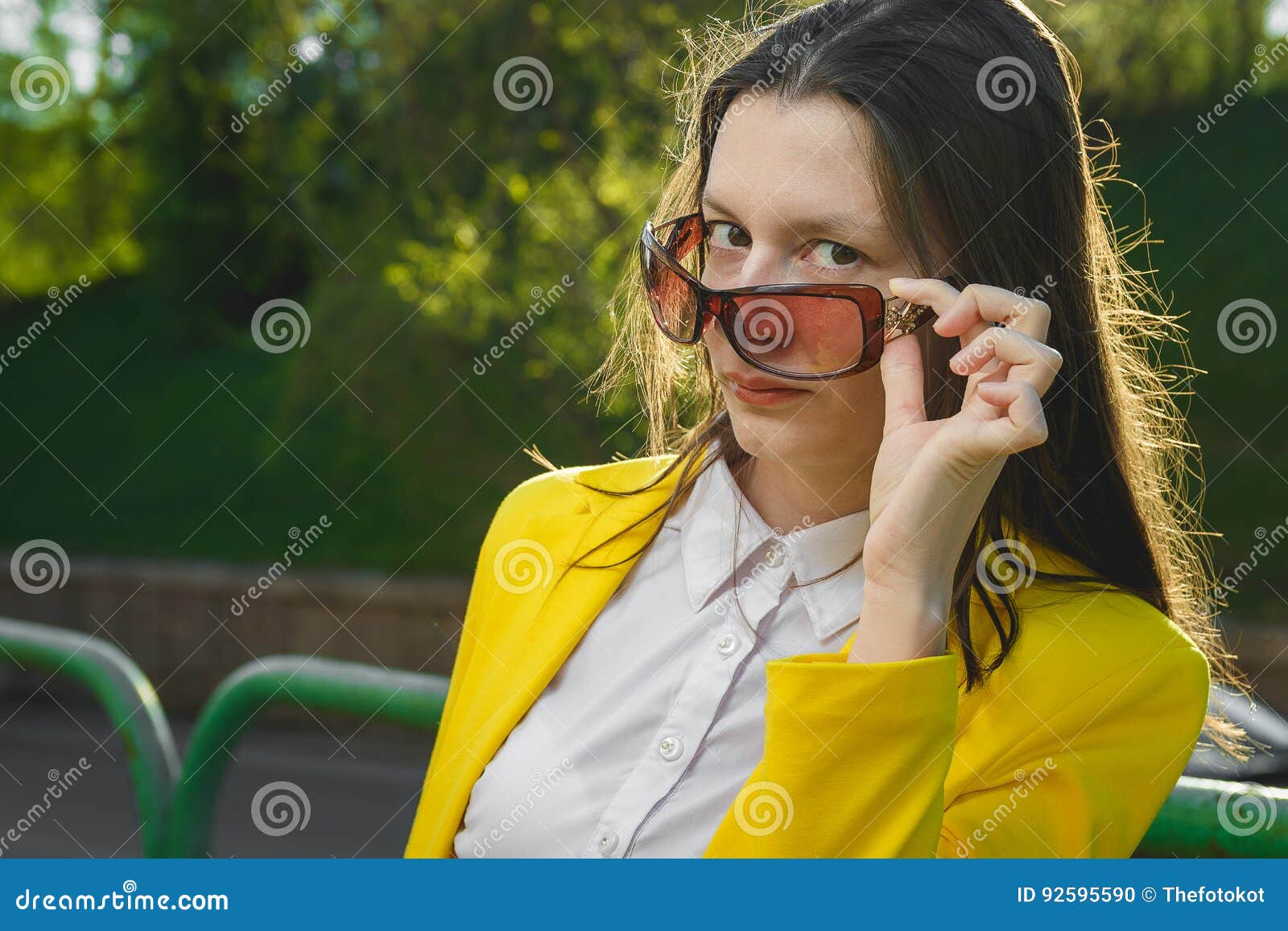 Colorful Portrait Of Young Attractive Woman Wearing Sunglasses Stock