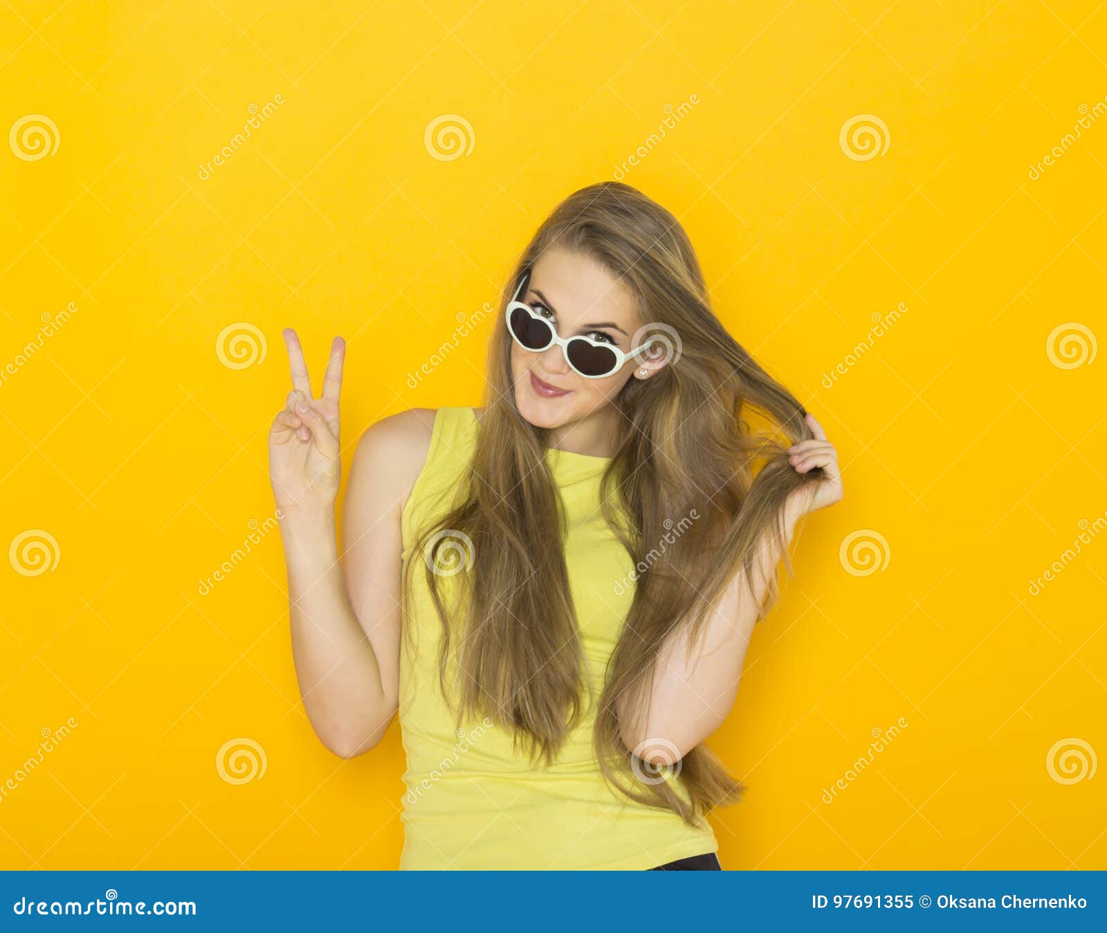 Colorful Portrait Of Young Attractive Woman Wearing Sunglasses Summer