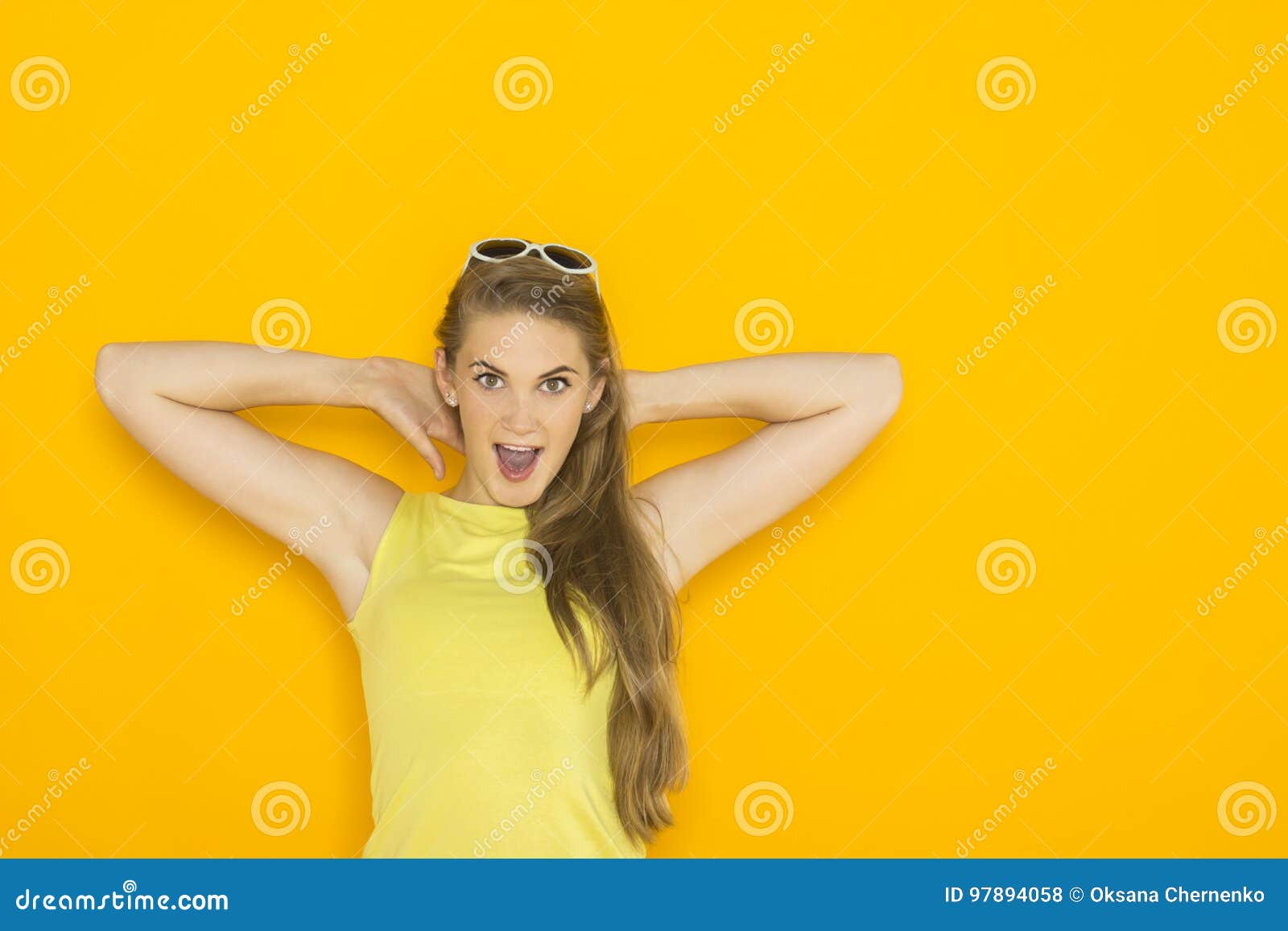Colorful Portrait Of Young Attractive Woman Wearing Sunglasses Summer