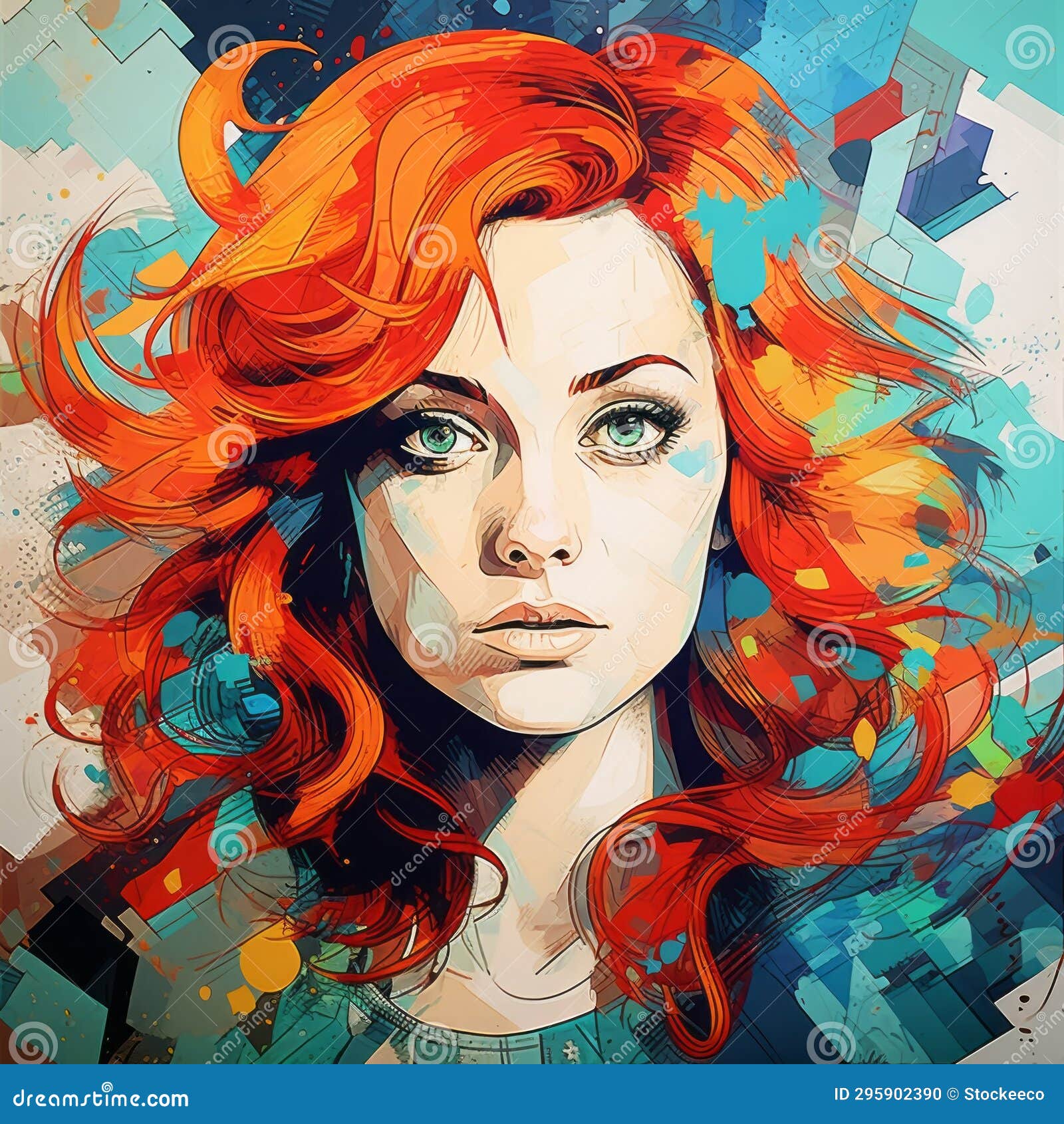 Colorful Portraits Of An Illustrator Girl With Red Hair Stock