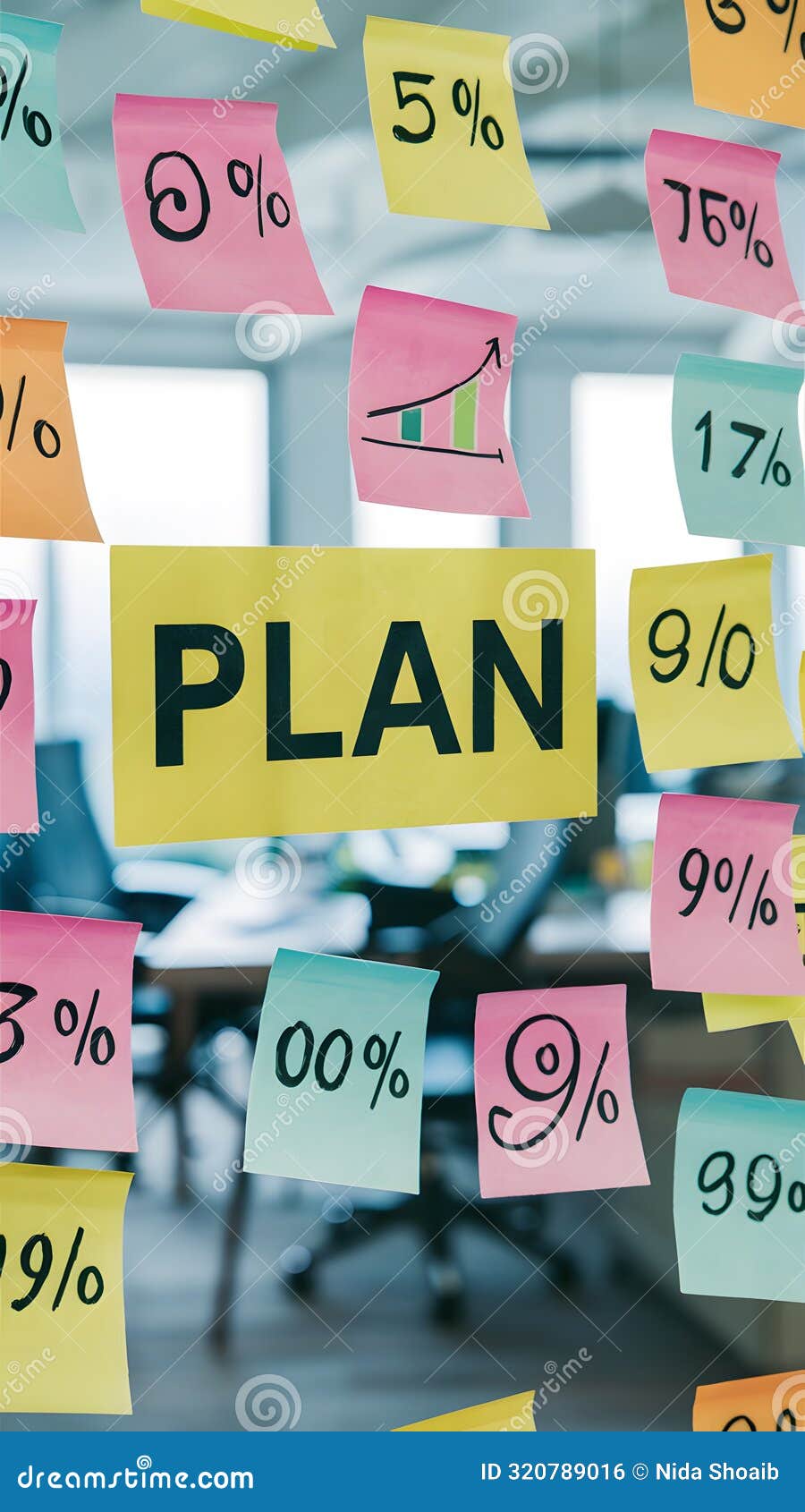 Colorful Post it Notes on Transparent Board with Graphs and Percentages ...