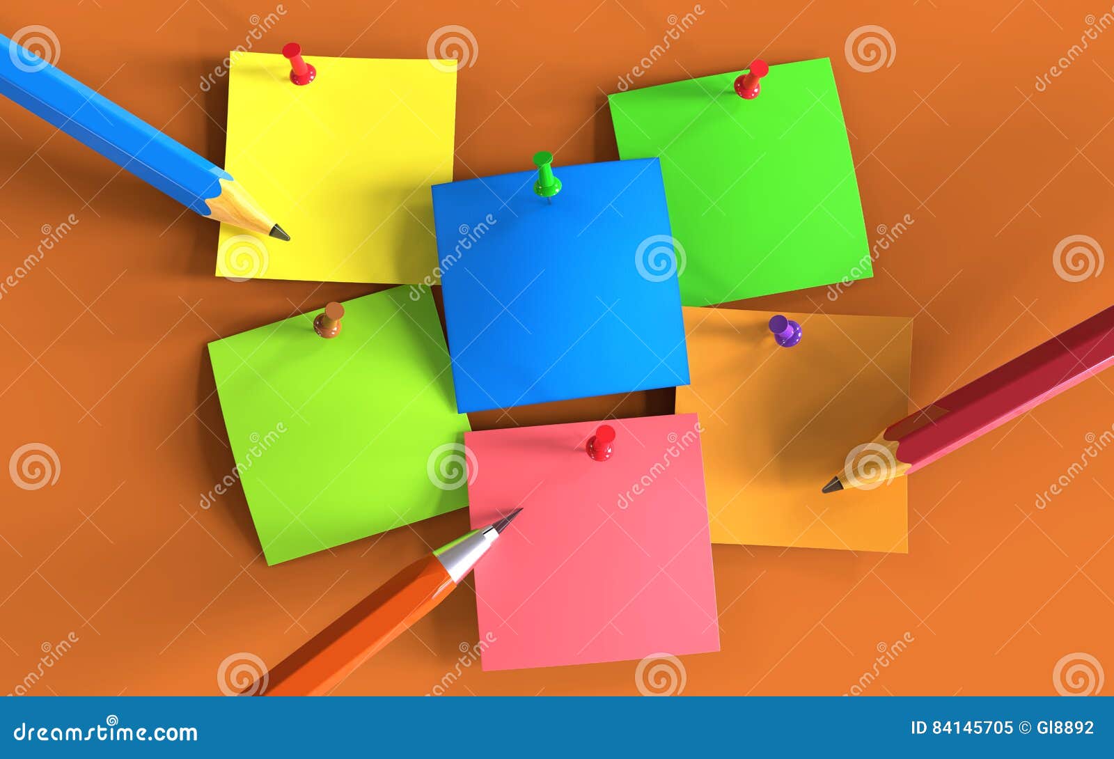 Colorful Post it Paper Notes with Pencils and Pins Stock Illustration ...