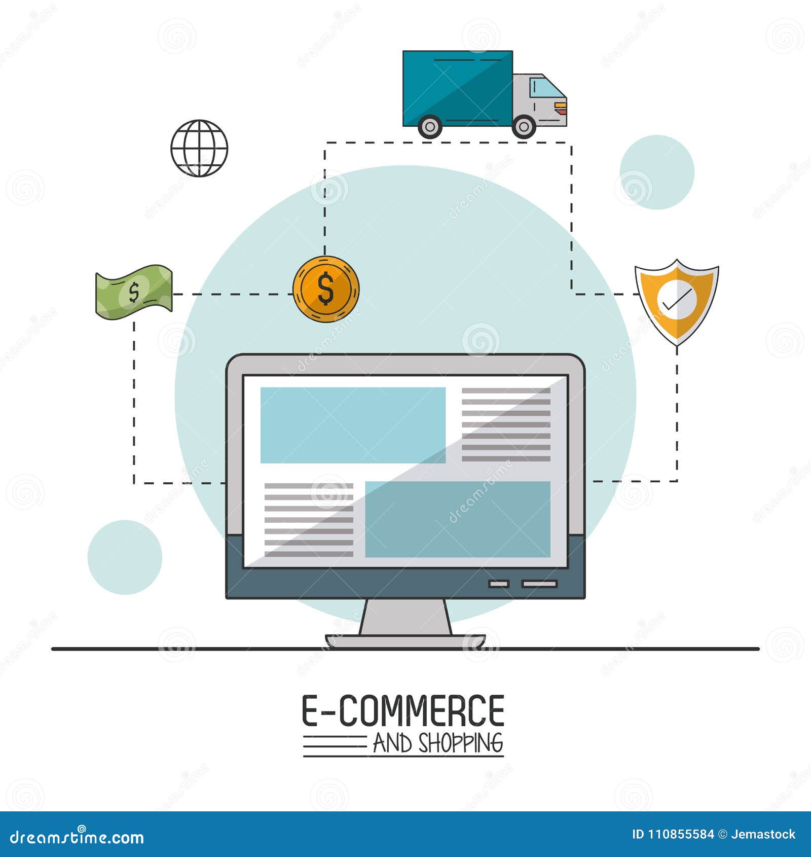 Colorful Poster of E-commerce and Shopping with Desktop Computer in ...