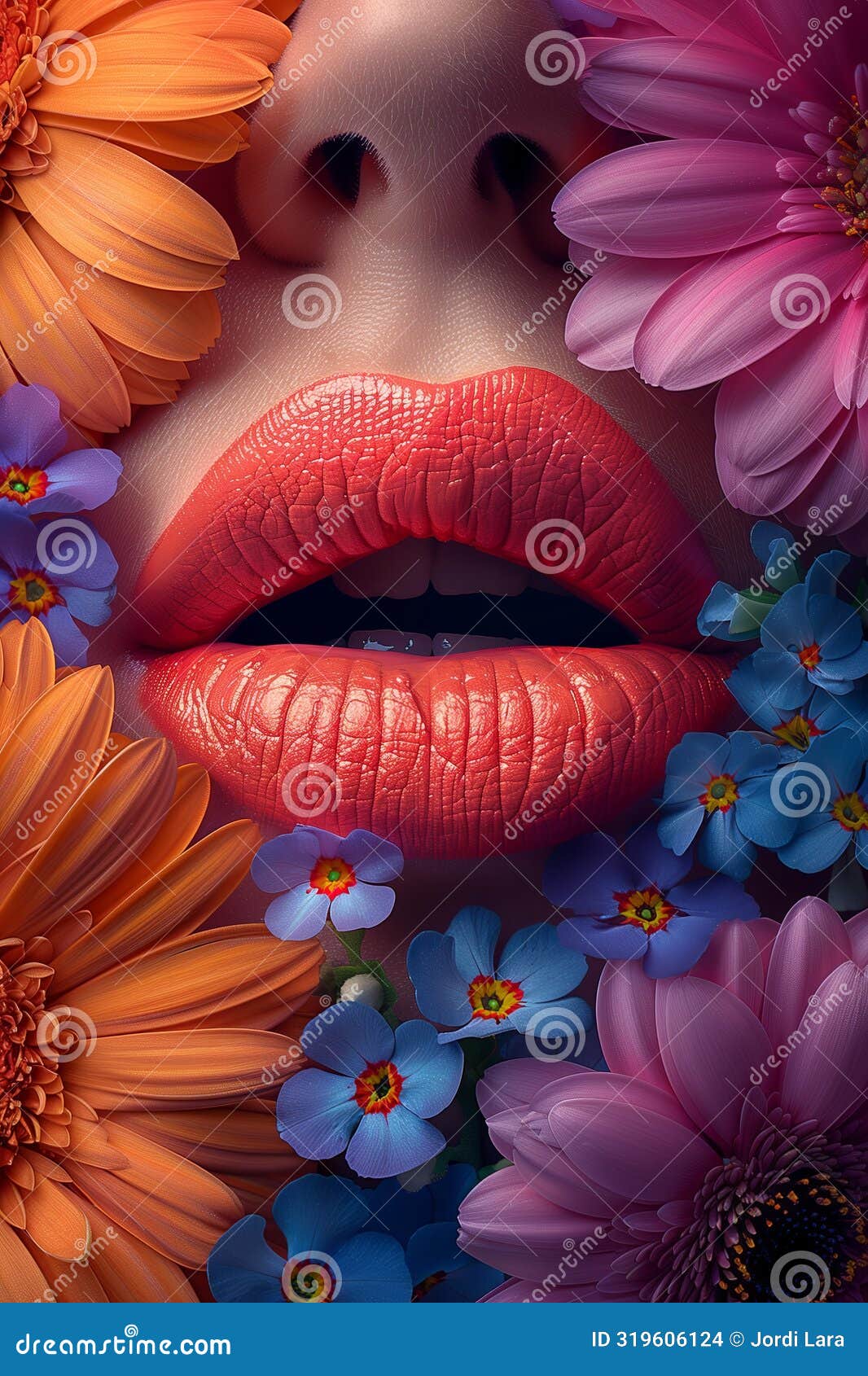 Colorful Poster with Flowers Behind the Floating Lips Stock ...