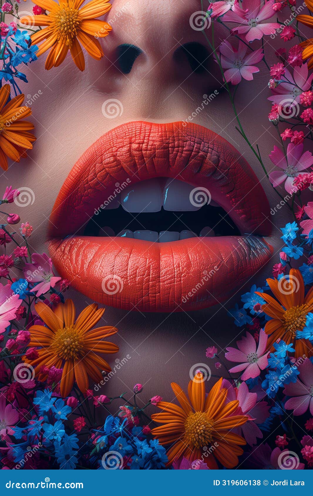 Colorful Poster with Flowers Behind the Floating Lips Stock ...