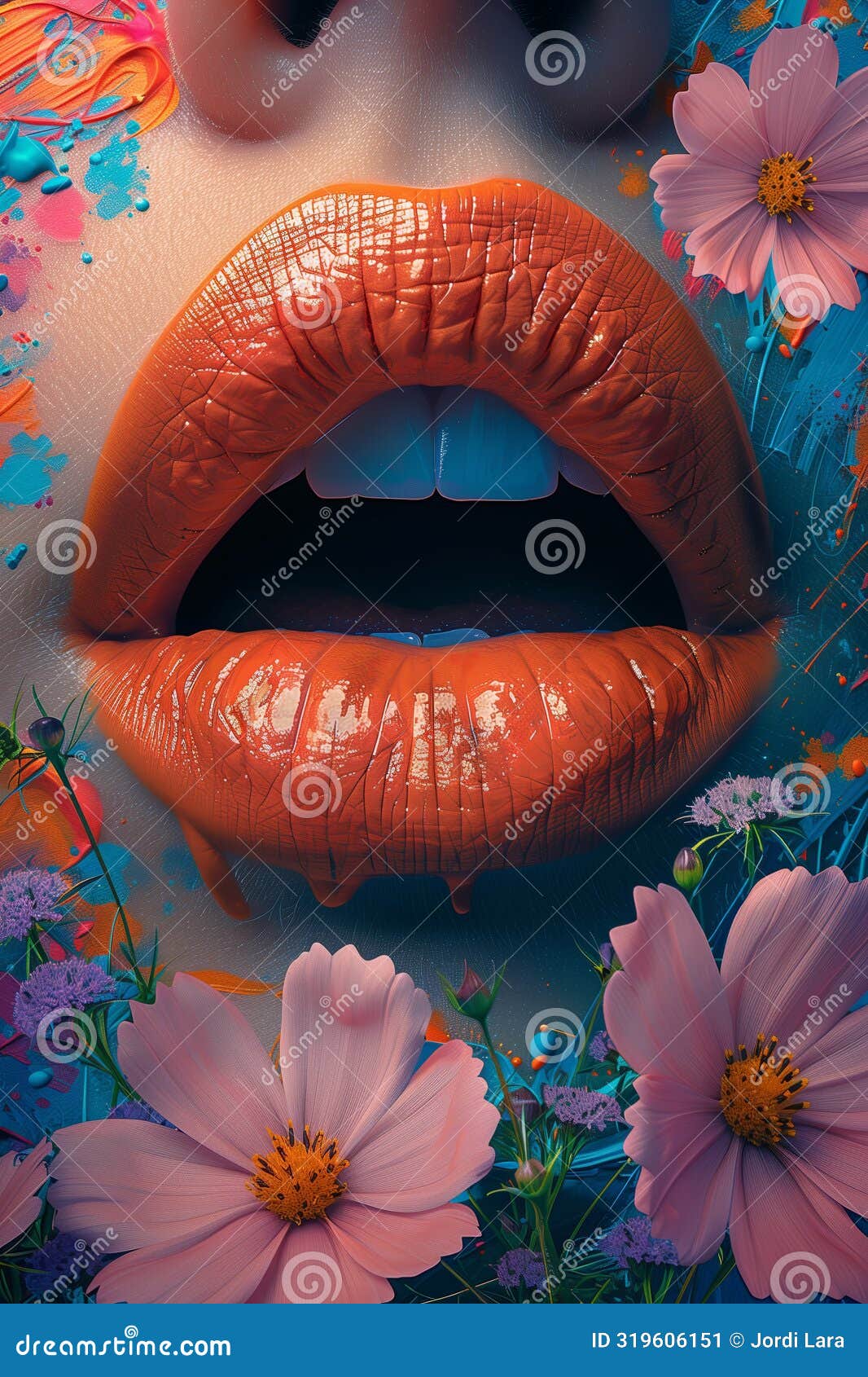 Colorful Poster with Flowers Behind the Floating Lips Stock ...