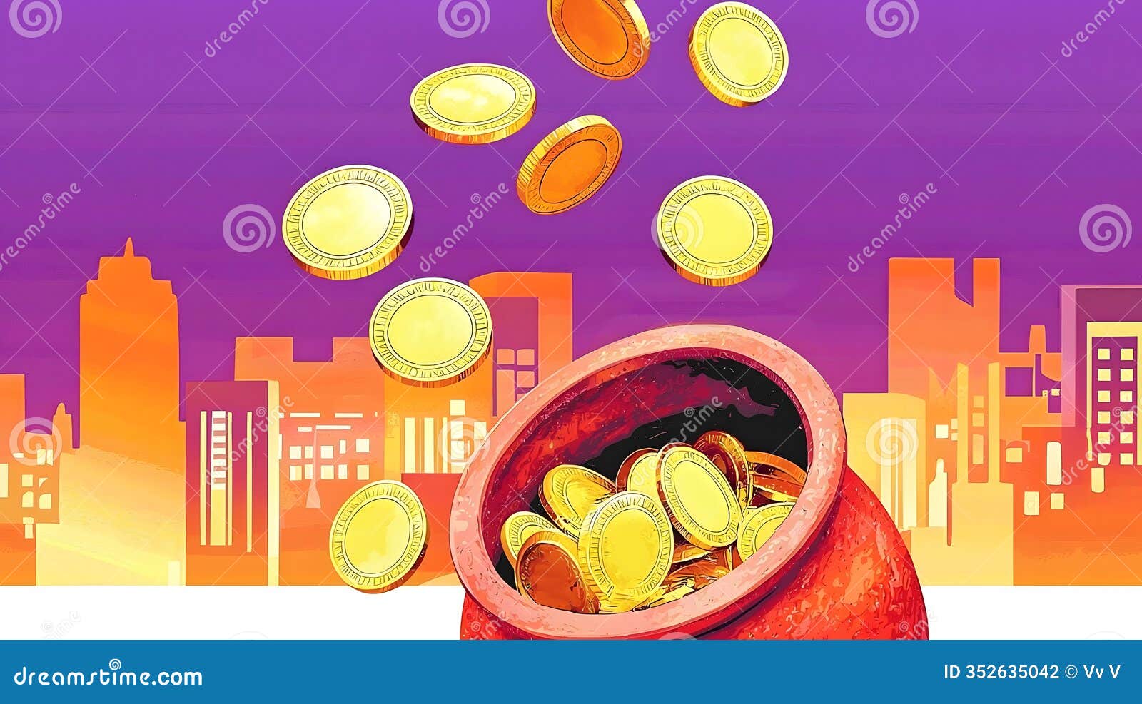 Colorful Pot of Gold Overflowing with Coins Stock Illustration ...