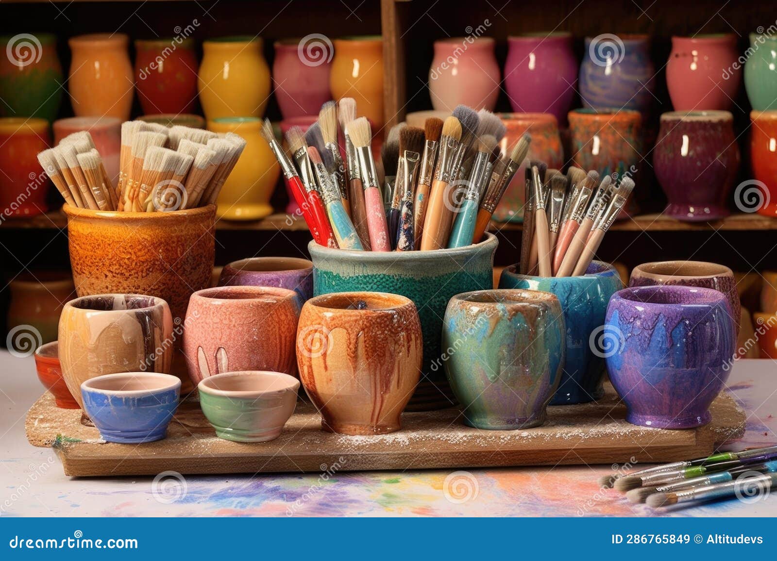 Colorful Pottery Glazes and Brushes Stock Illustration - Illustration ...