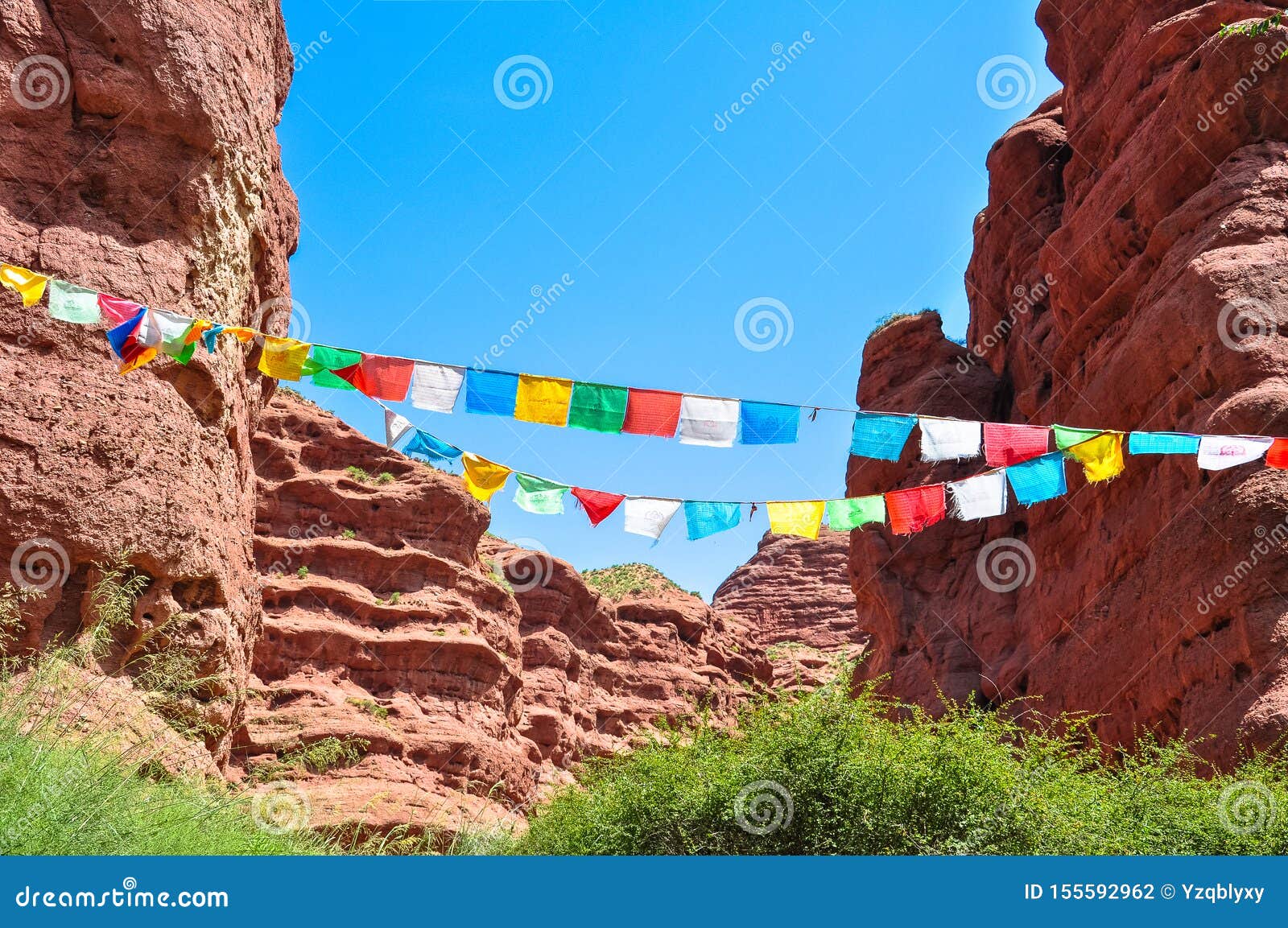 Colorful Prayer Flags on Mountain Valley Stock Photo - Image of ...