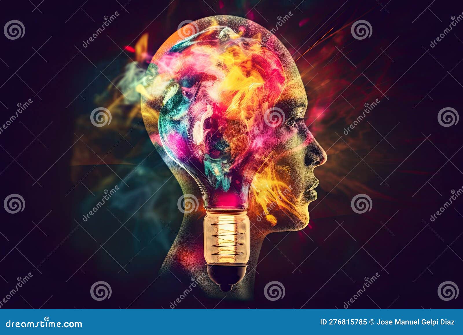 Colorful Profile of a Head Illuminated As a Light Bulb, a Symbol of ...