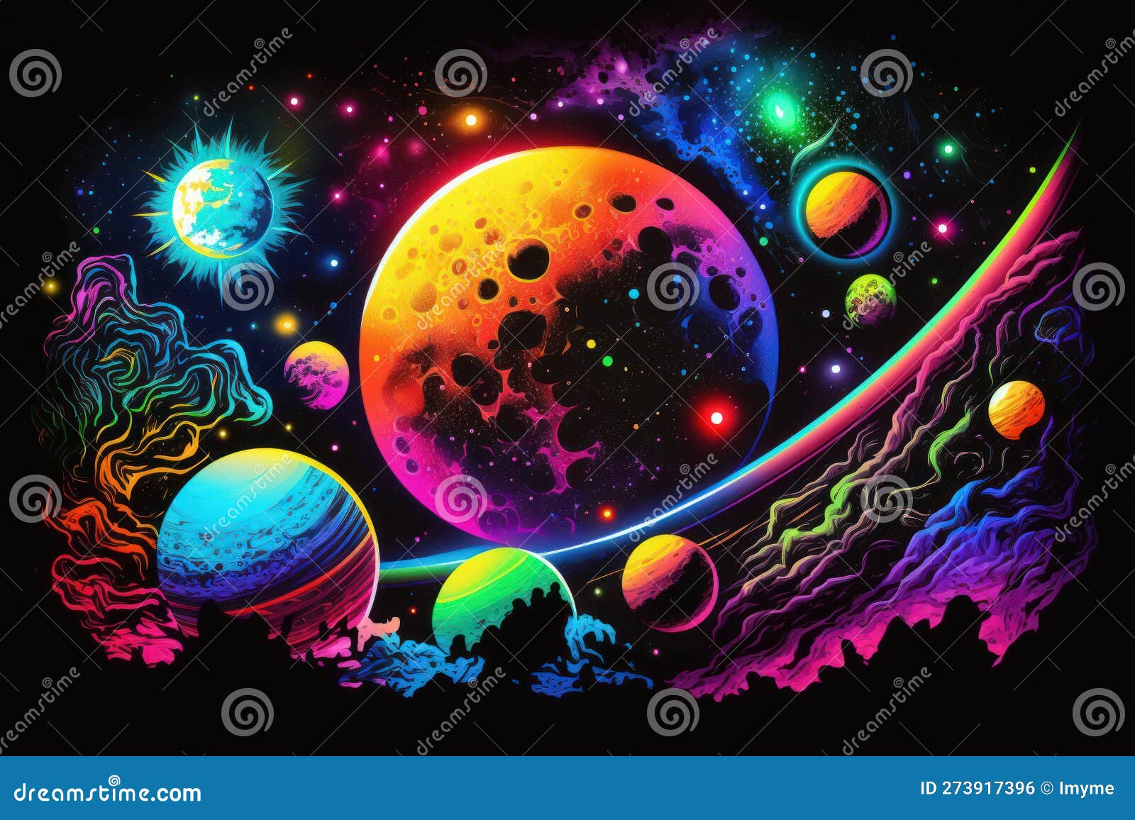 Colorful Psychedelic Galaxy and Planets in Space Illustration ...
