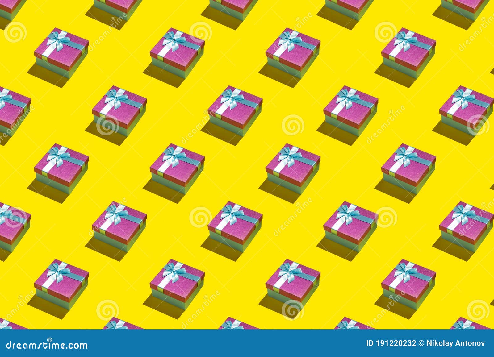 Colorful Purple Gift Boxes with Ribbons on Bright Yellow Background ...