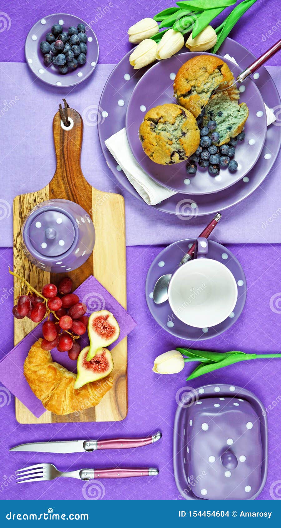 Colorful Purple Theme Breakfast Brunch Table Setting Flatlay. Stock ...