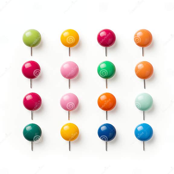 Colorful Push Pins Arranged in Grid Pattern on White Background Stock ...