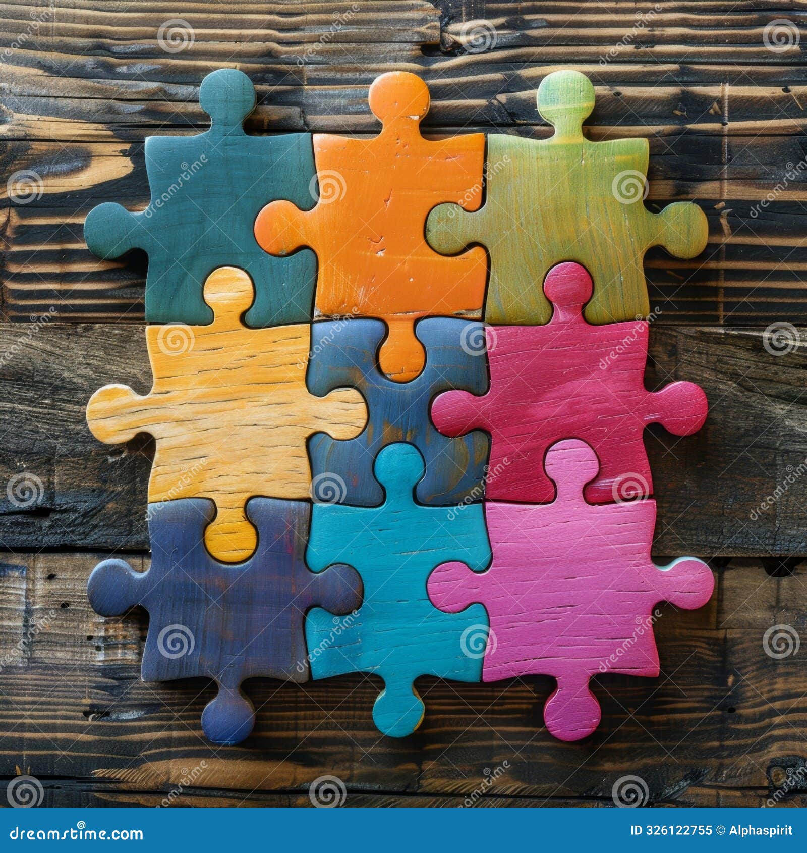 Colorful Puzzle Pieces Forming Square Shape on Rustic Wooden Background ...