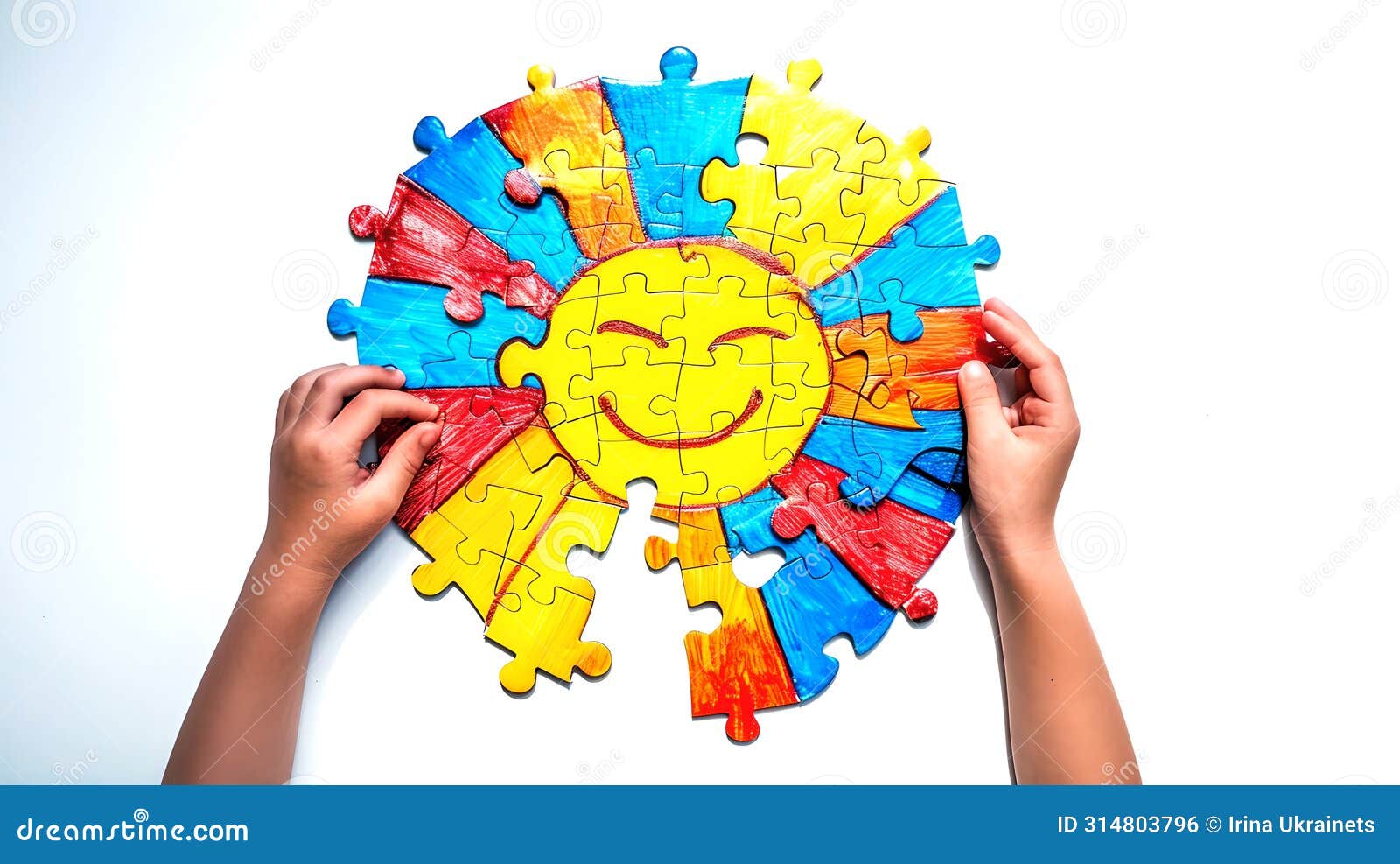 Colorful Puzzle Pieces Forming a Sun Held by Hands Against a White ...