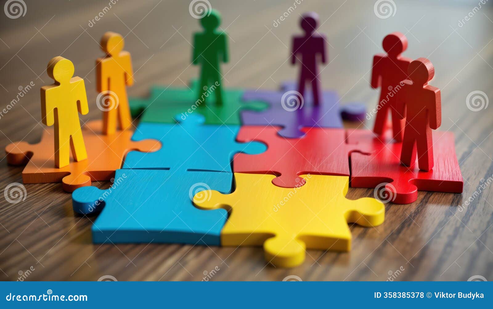 Colorful Puzzle Pieces Symbolize Diverse Teams. Small Figures Represent ...