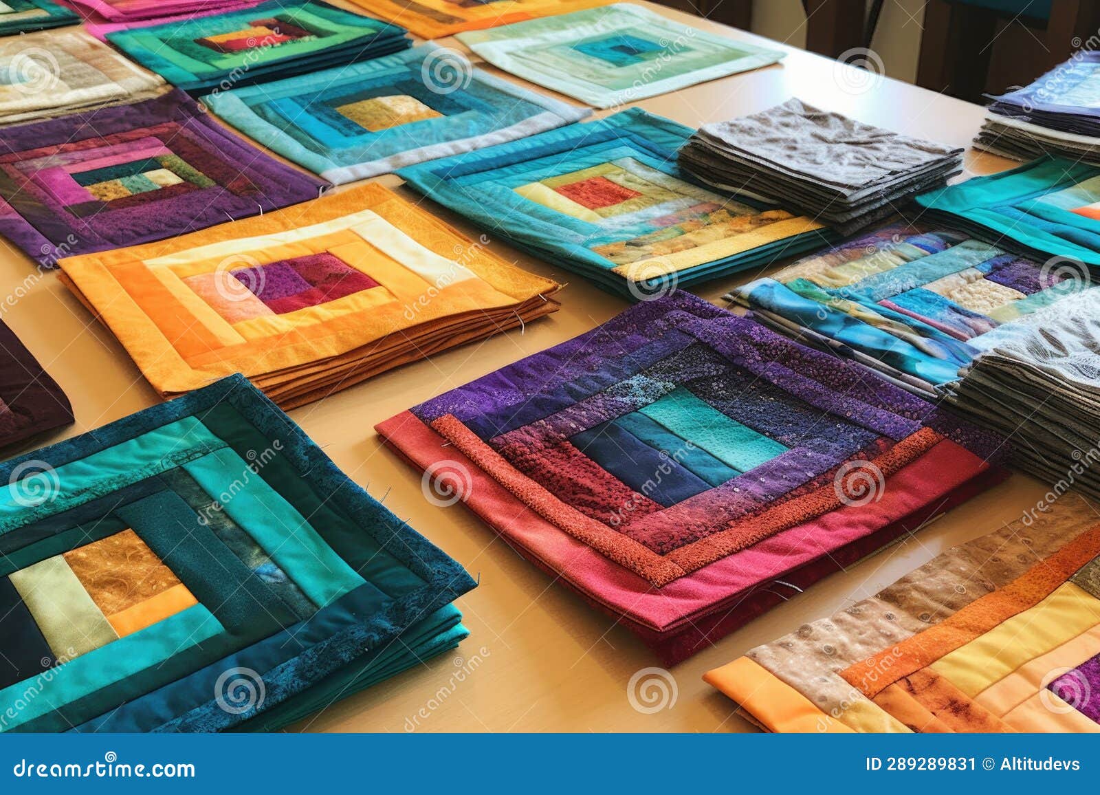 Colorful Quilt Squares Laid Out on a Table Stock Image - Image of ...