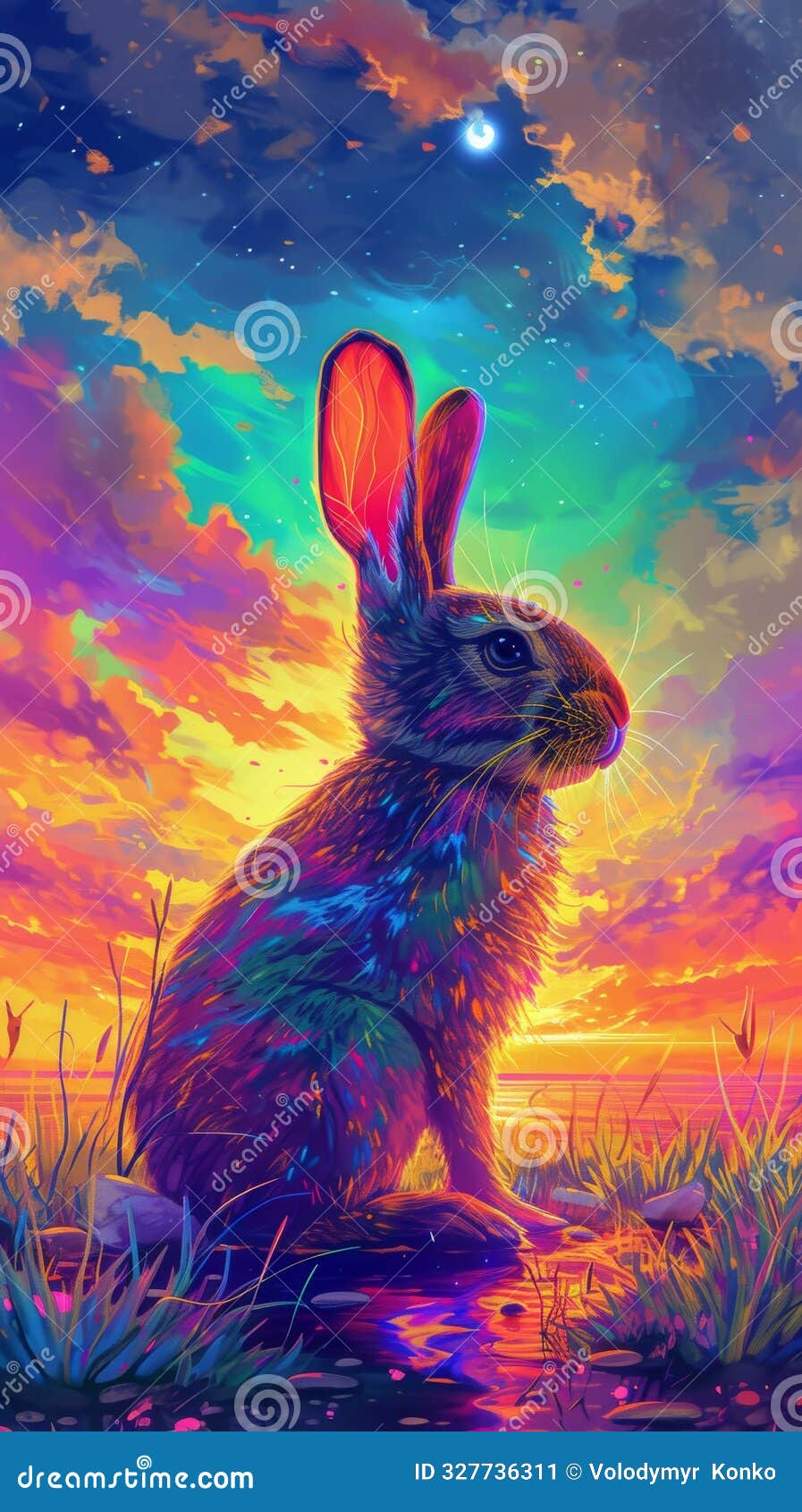 Colorful Rabbit at Sunset with Vibrant Sky and Glowing Moon, Digital ... Colorful Rabbit at Sunset with Vibrant Sky and Glowing Moon, Digital ...