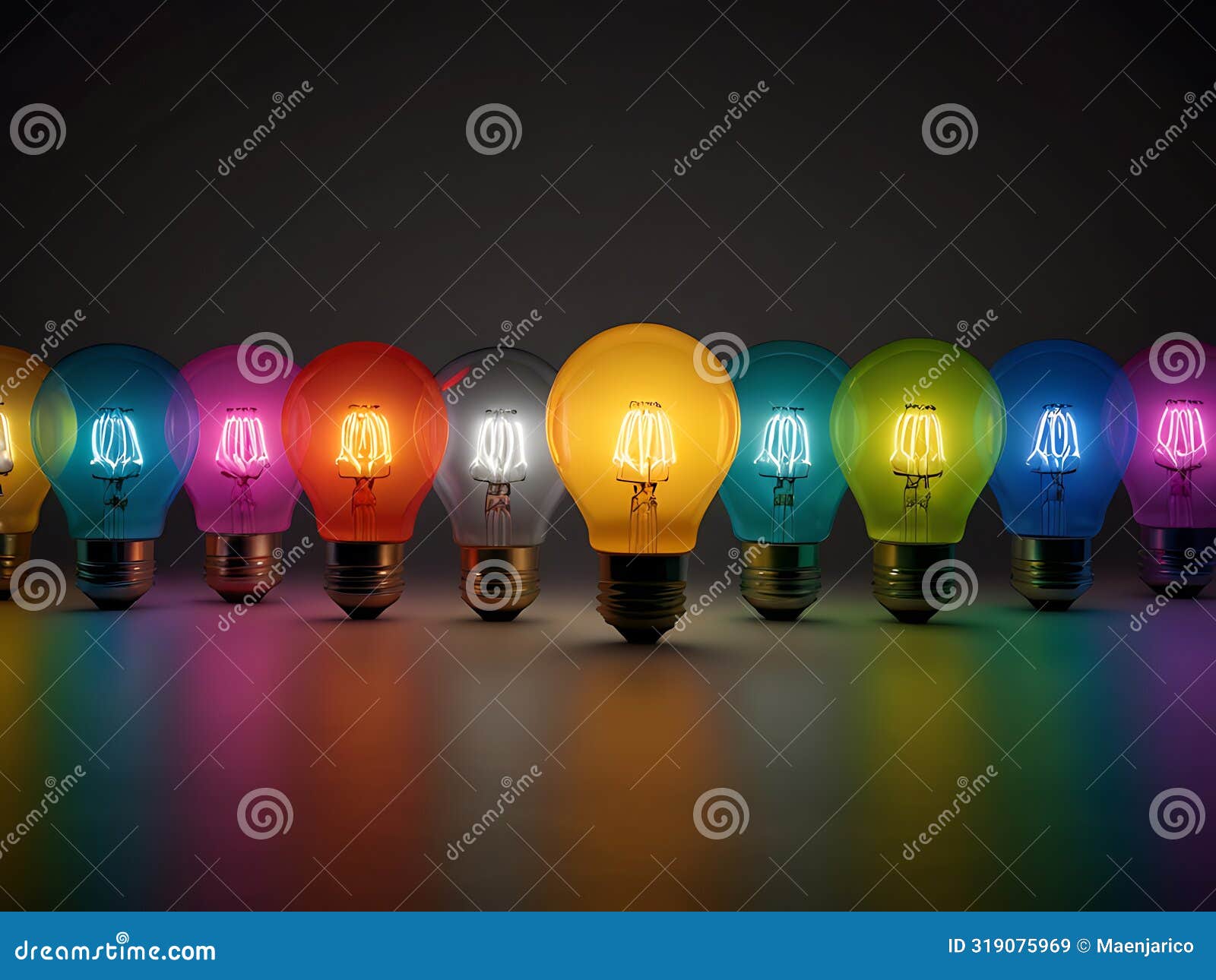 Colorful Rainbow Colored Light Bulb in a Row Inside Empty Dimmed Room ...