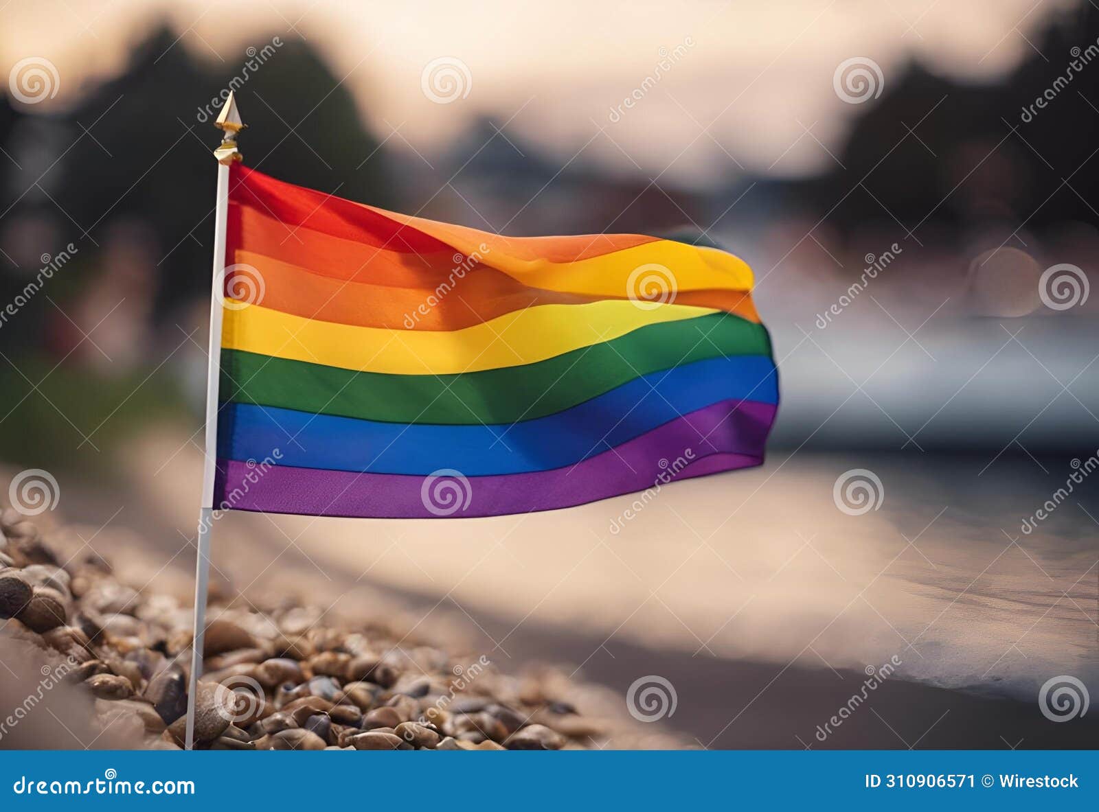Colorful Rainbow Flag Waving by River and Rocks, AI-generated. Stock ...