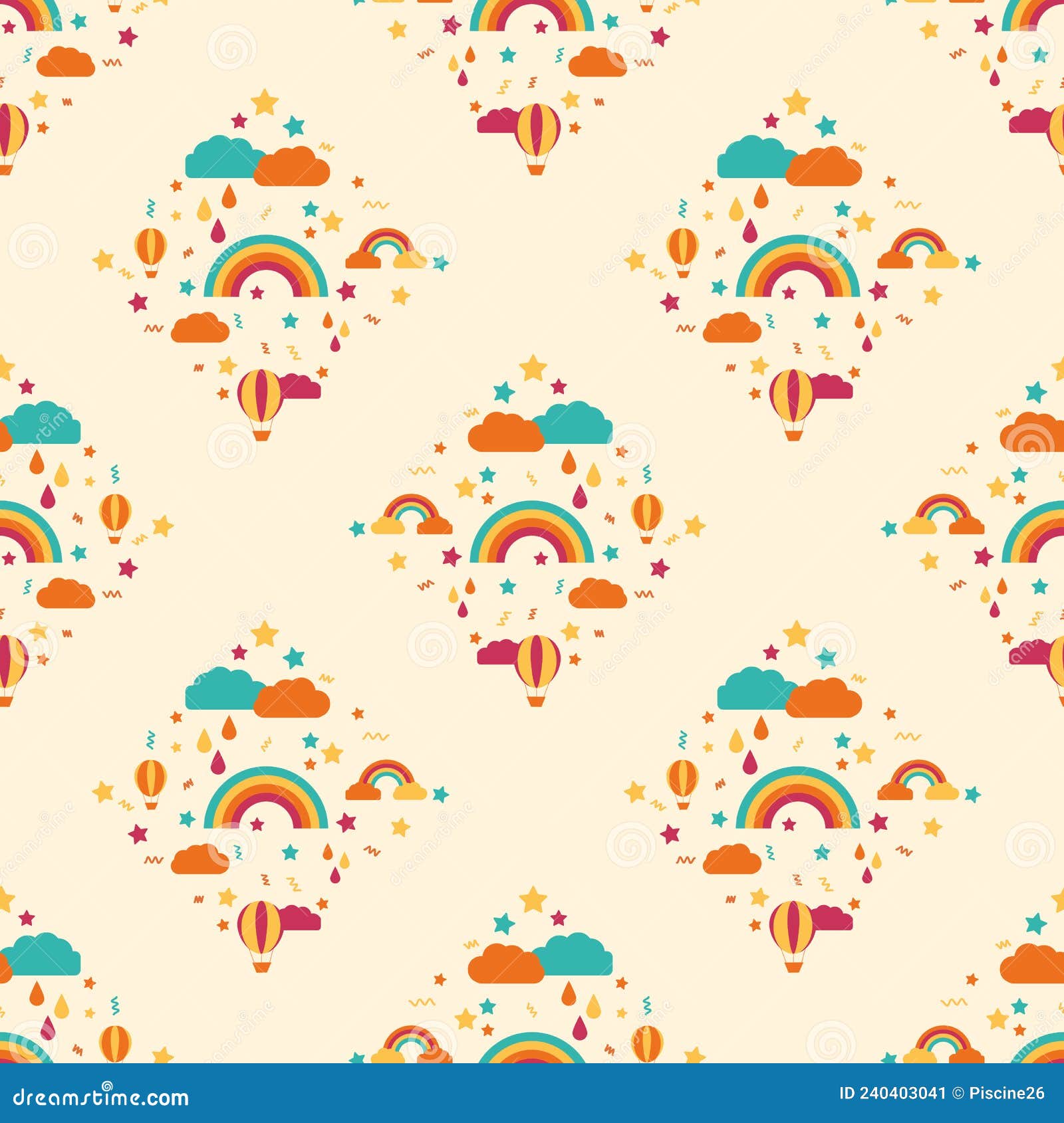 Colorful Rainbow Rain with Cloud Fabric Seamless Cute Pattern Stock ...