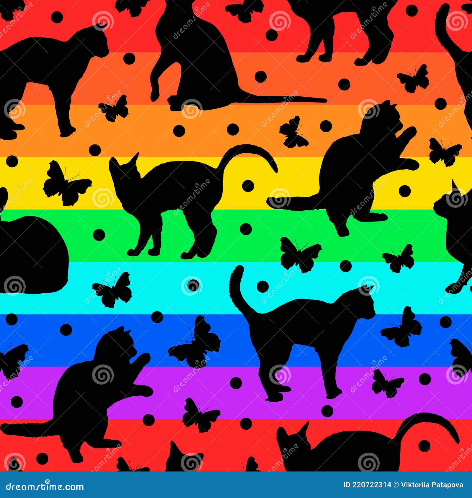 Colorful Rainbow Seamless Pattern with Cute Cats and Butterflies ...