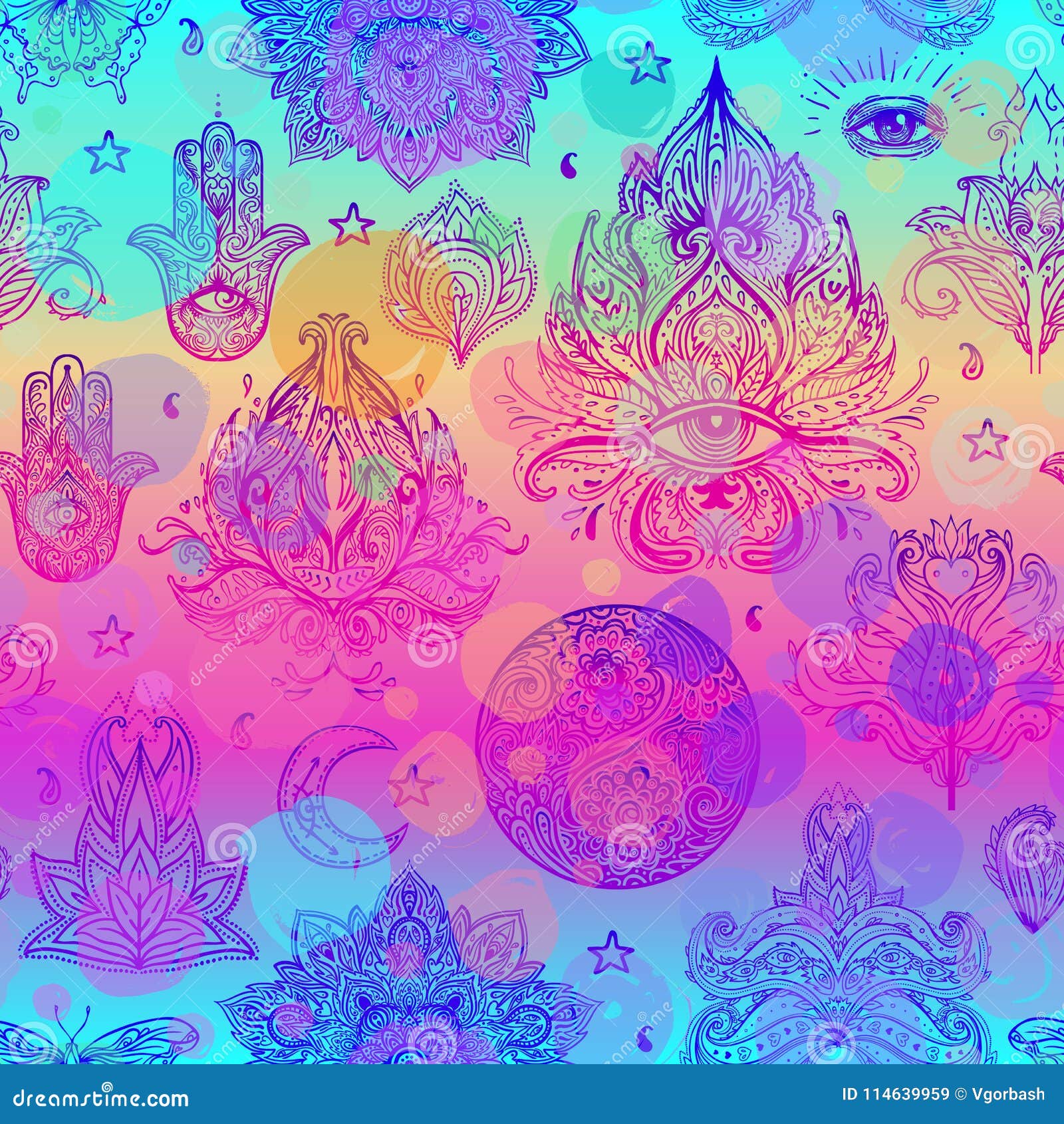 Colorful Rainbow Seamless Pattern Of Ornamental Boho Style Eleme Stock