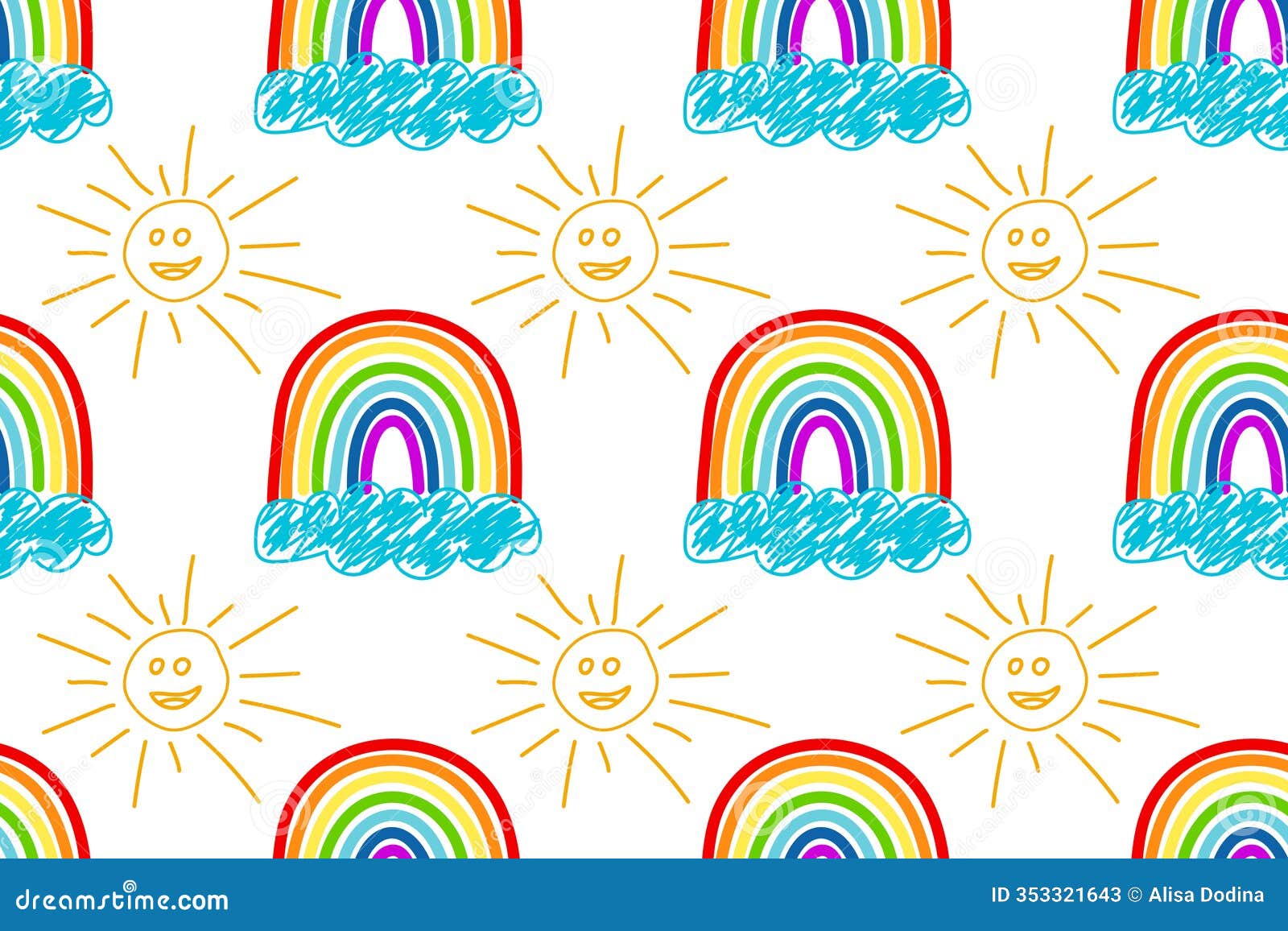 Colorful Rainbow and Smiling Sun Seamless Pattern on White Background ...