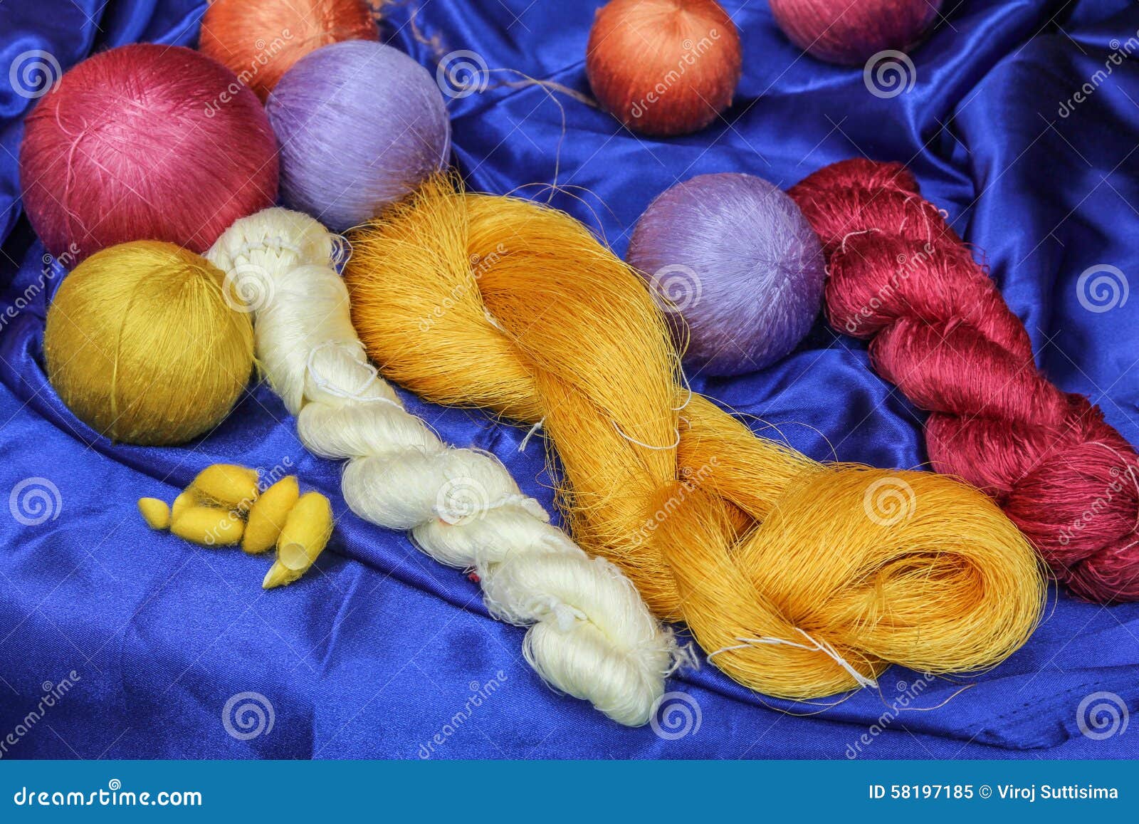 Colorful Raw Silk Thread and Silk Cocoons. Stock Image - Image of ...
