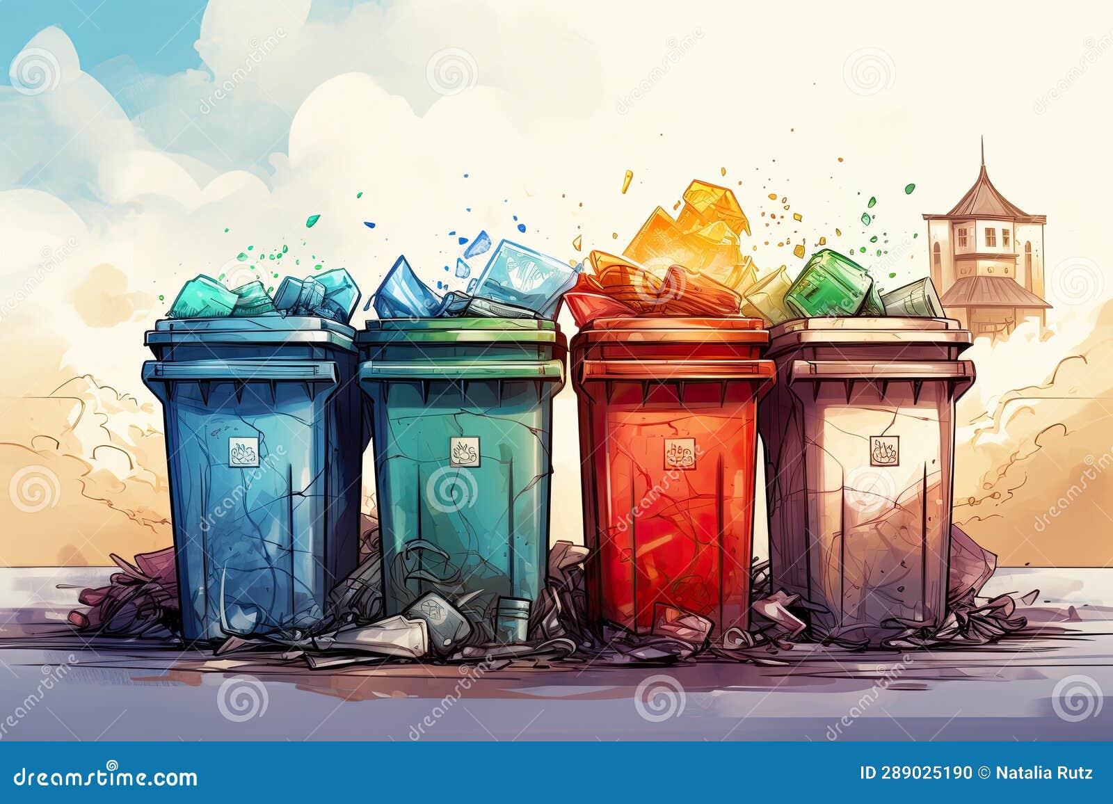 Colorful recycle bins full stock illustration. Illustration of full ...