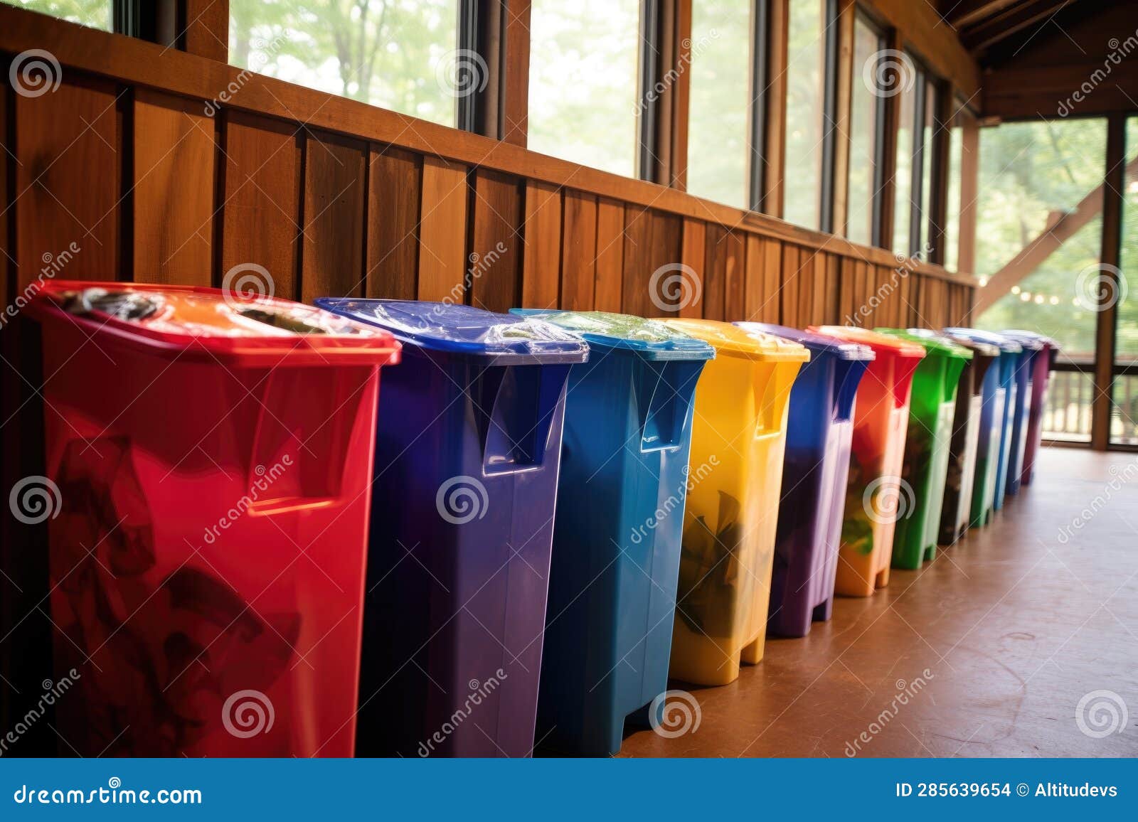 Colorful Recycling Bins Lined Up for Sorting Stock Photo - Image of ...