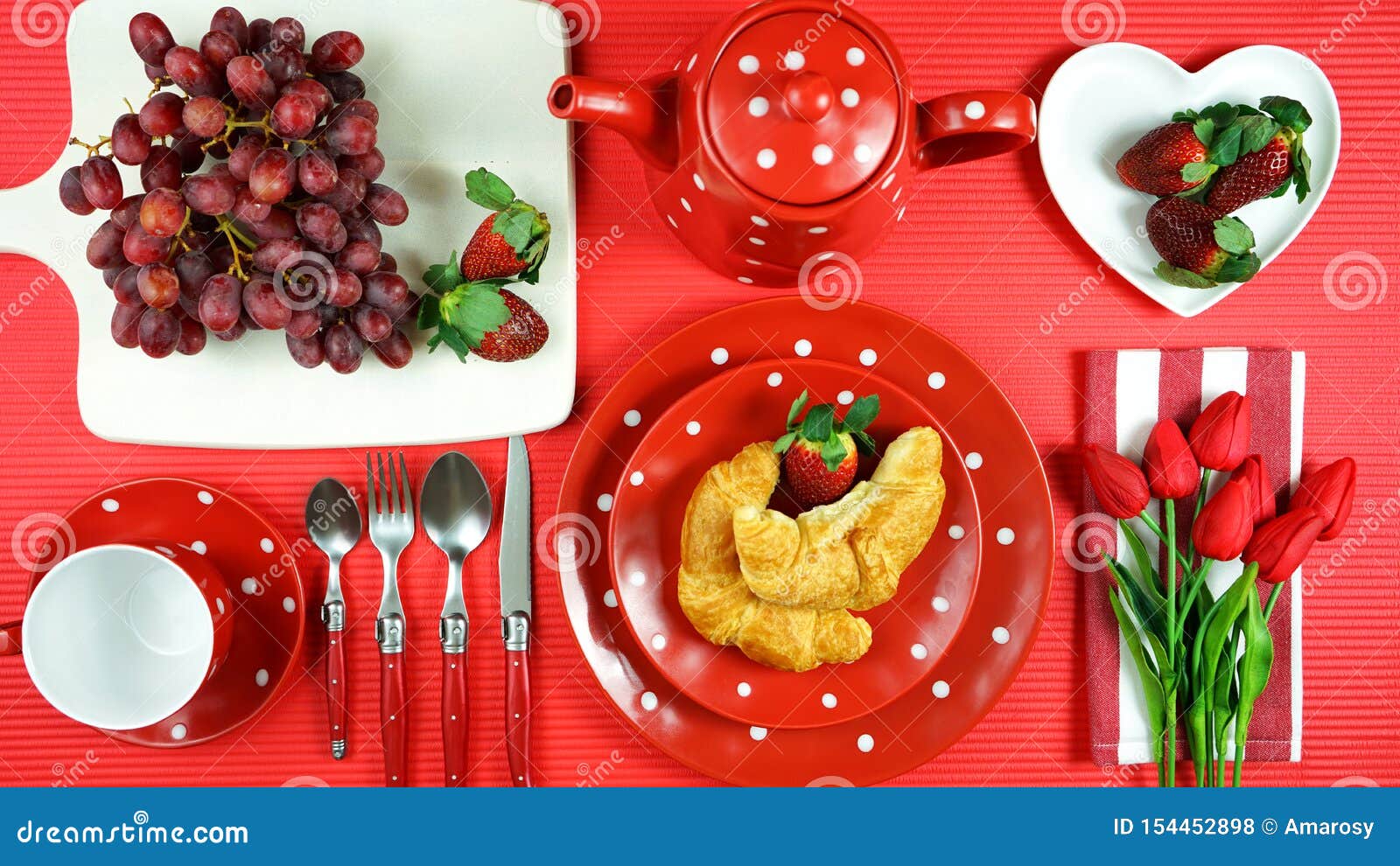 Colorful Red Theme Breakfast Brunch Table Setting Flatlay. Stock Photo ...