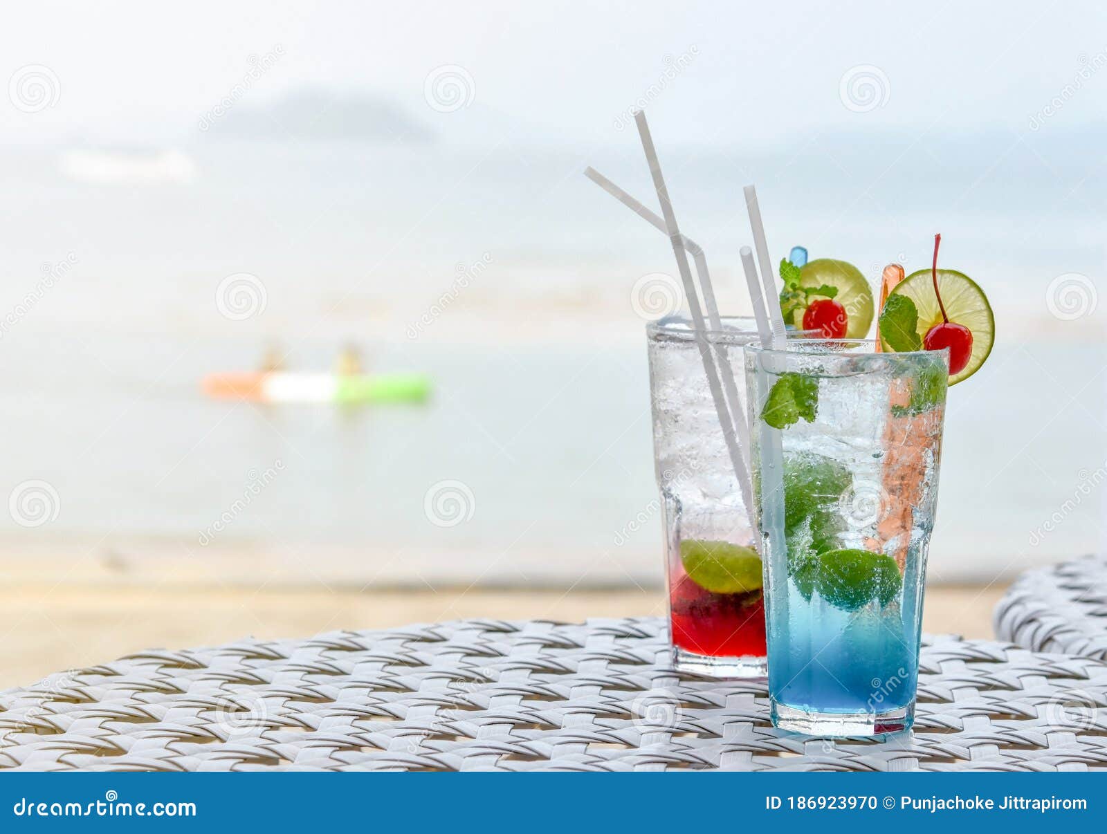 Colorful Refreshment Drinks on Beach Side Table. Stock Photo - Image of ...