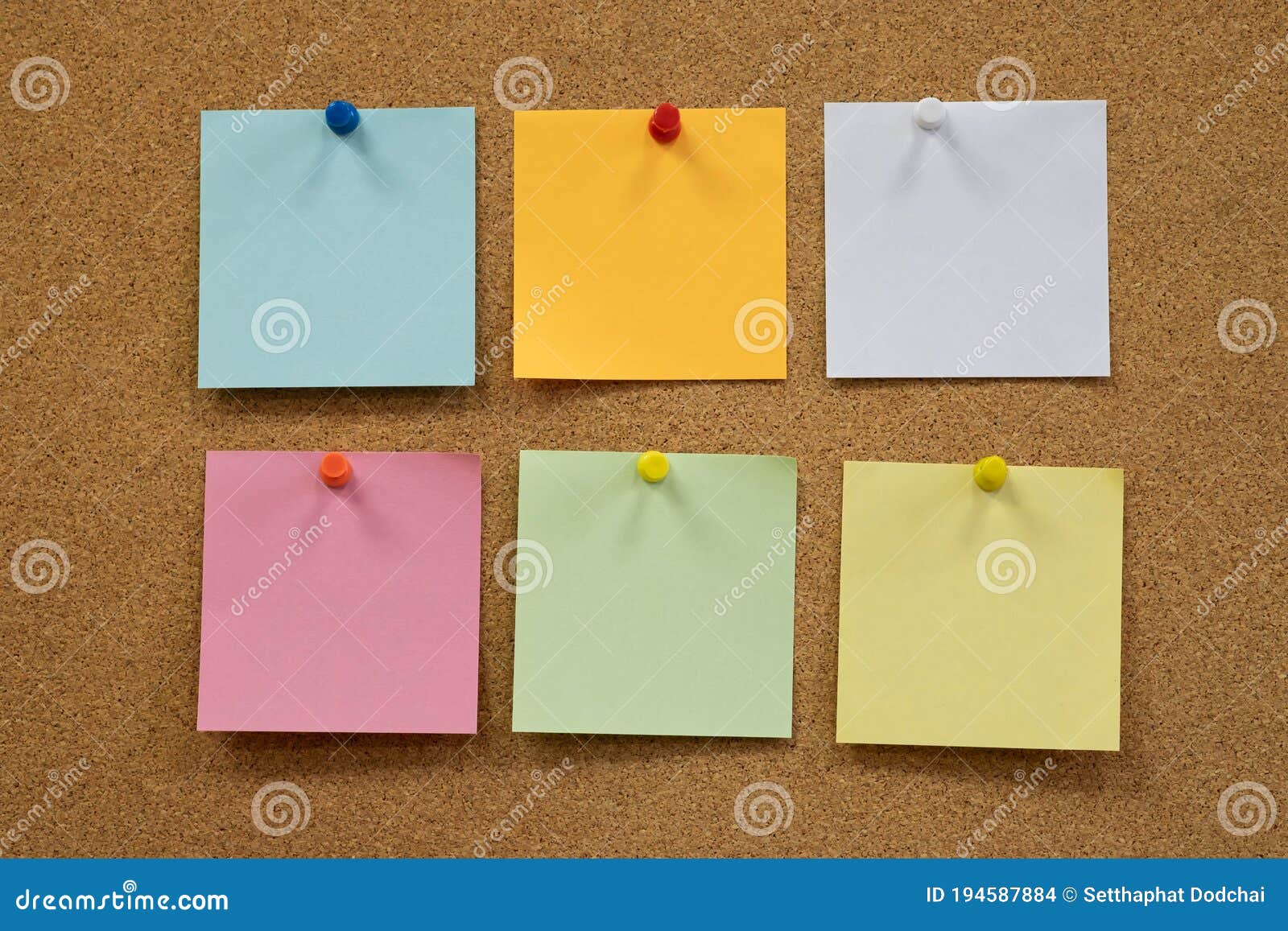 Colorful Reminder Sticky Notes Push Pins on Cork Board. Stock Photo ...