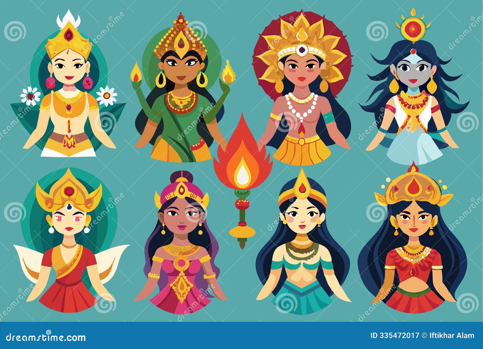 Colorful Representation of Nine Indian Goddesses Embodying Diverse ...