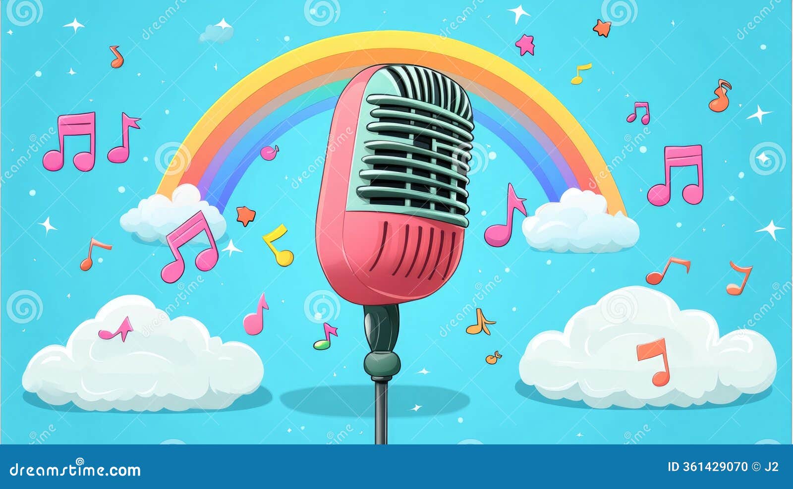 Colorful Retro Microphone with Music Notes and Rainbow in a Cloudy Sky ...