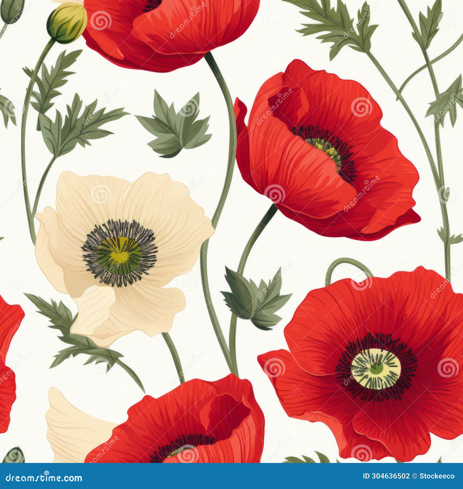Colorful Retro Poppy Pattern on Solid White Background Stock ...