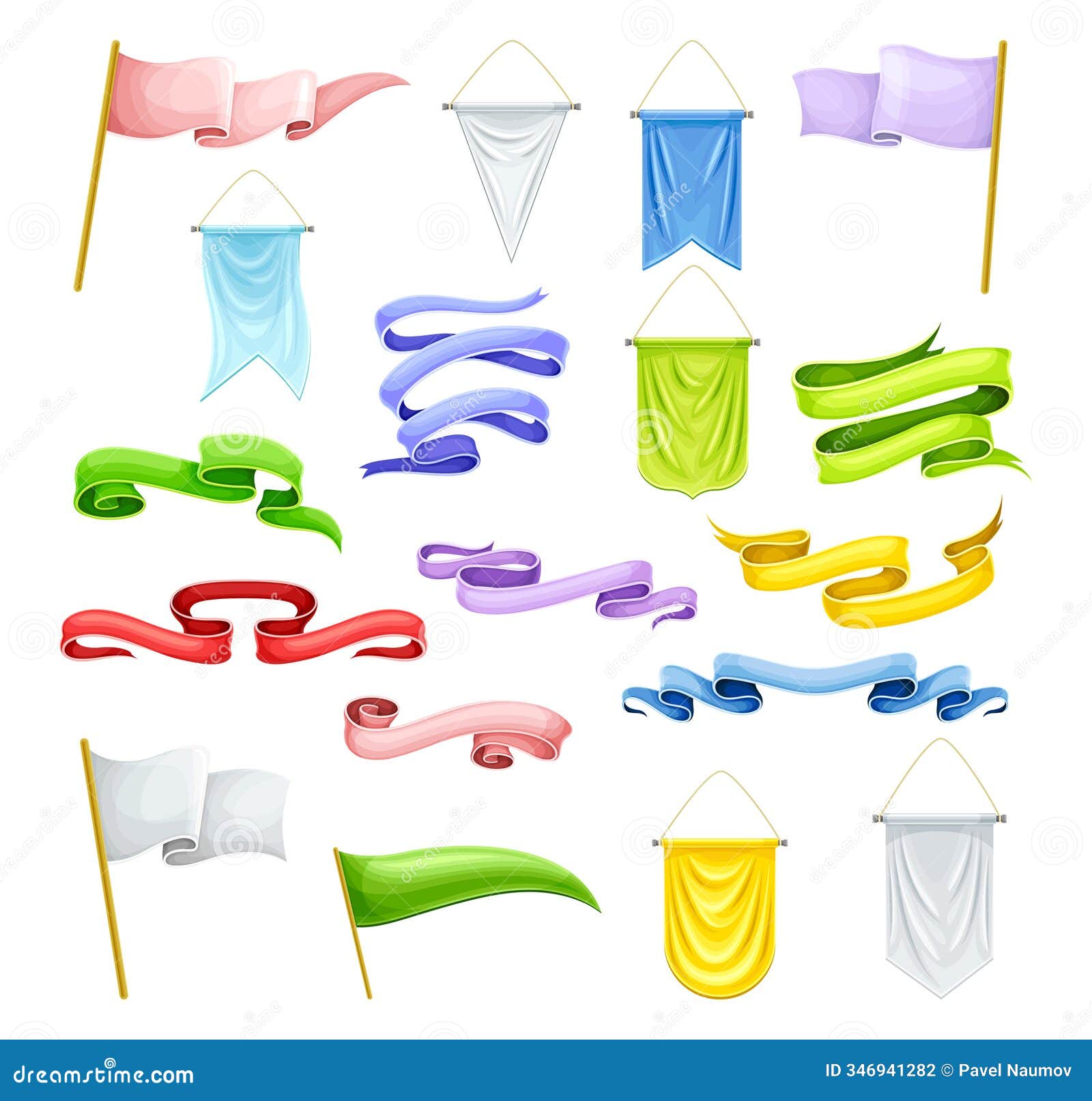 Colorful Ribbon and Flag Pennant with Pole Vector Set Stock ...
