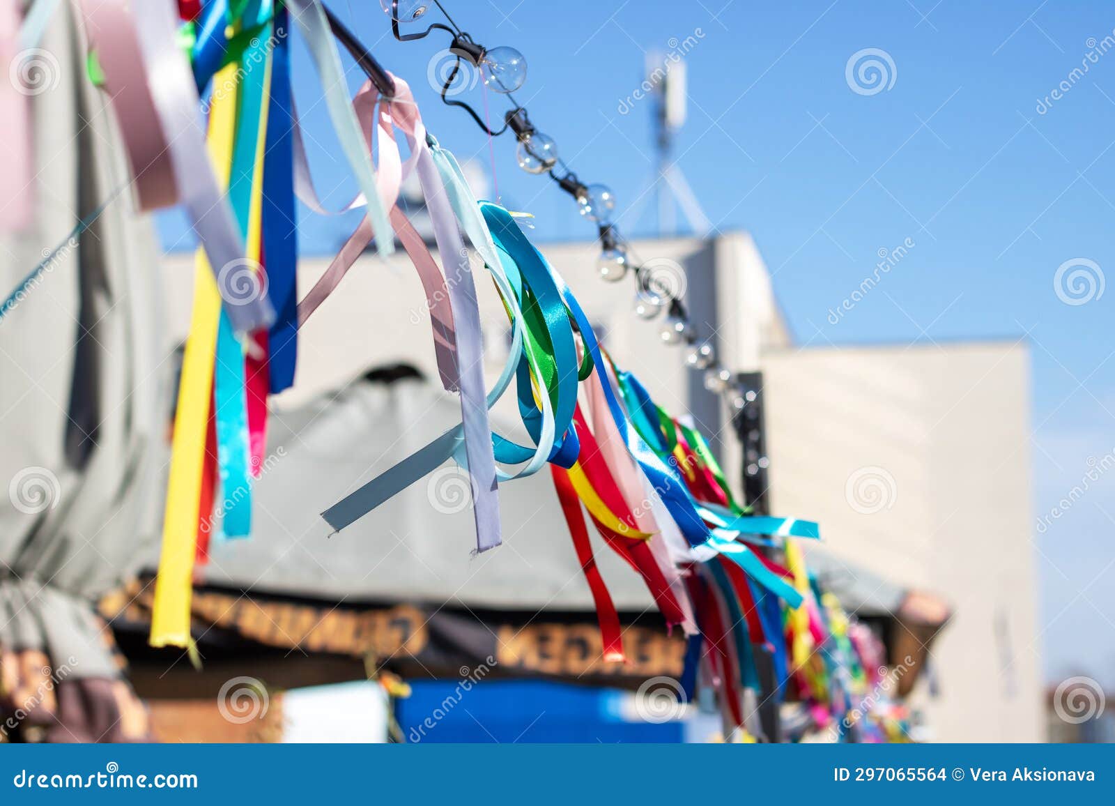 Colorful Ribbons on Rope on Background of Blue Sky Stock Photo - Image ...