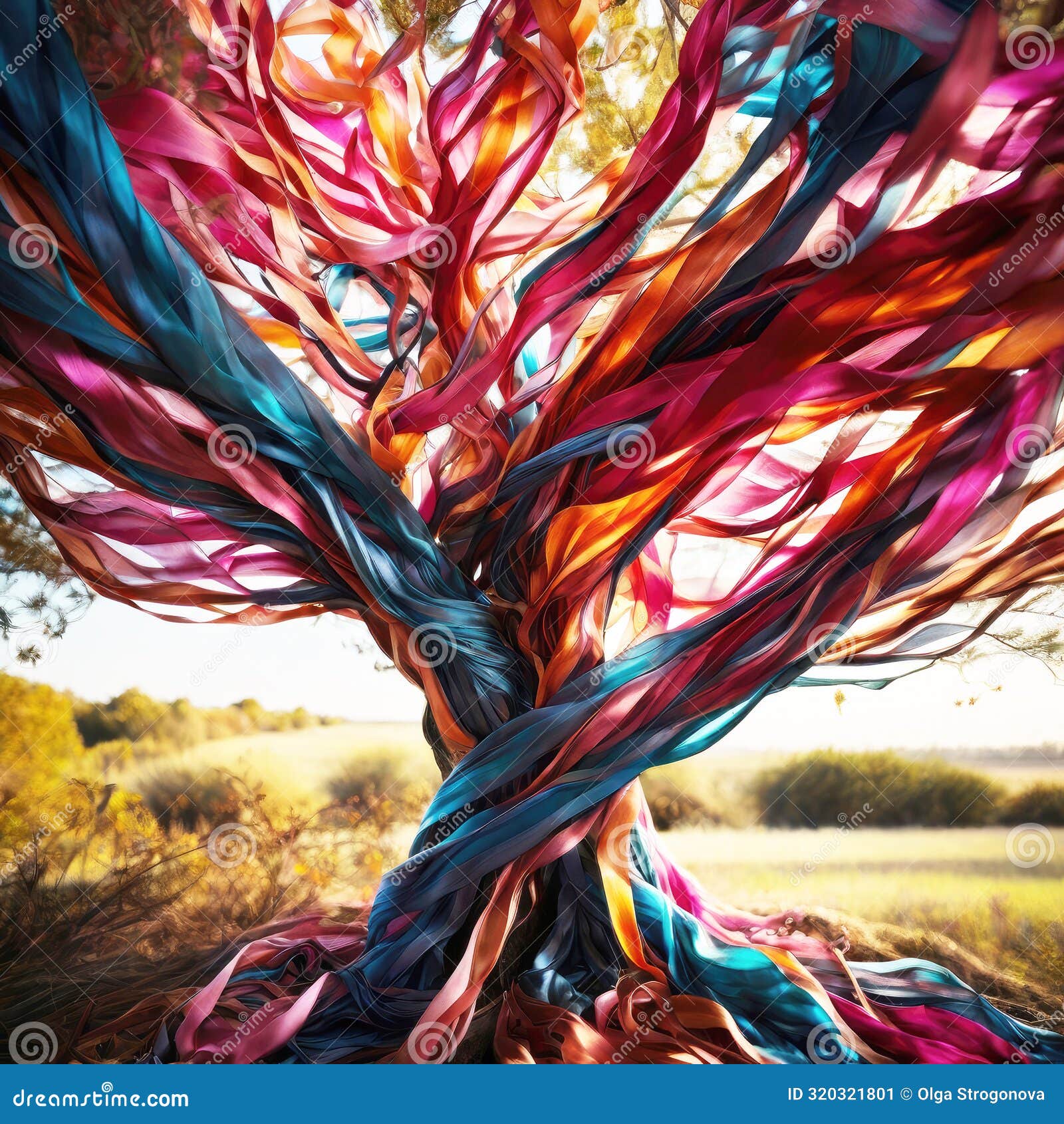 Colorful Ribbons on Tree. Branches Wrapped in Colorful Ribbons Stock ...