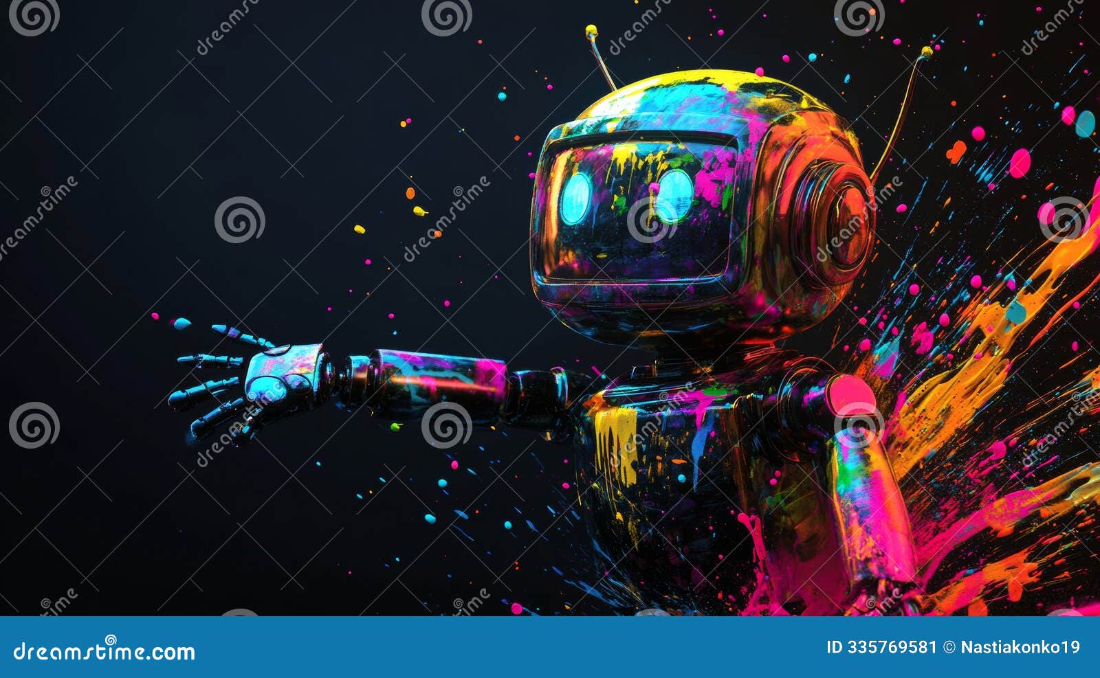Colorful Robot with Paint Splashes on Dark Background Stock Image ...