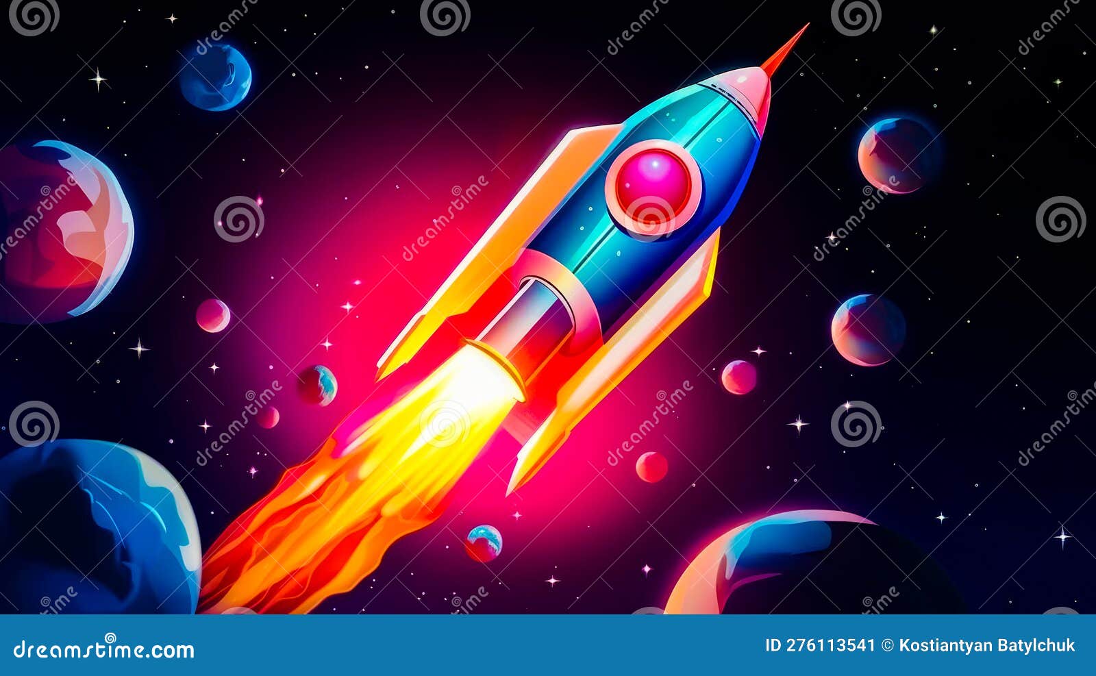 Colorful Rocket Flying through the Space with Planets Around it and ...