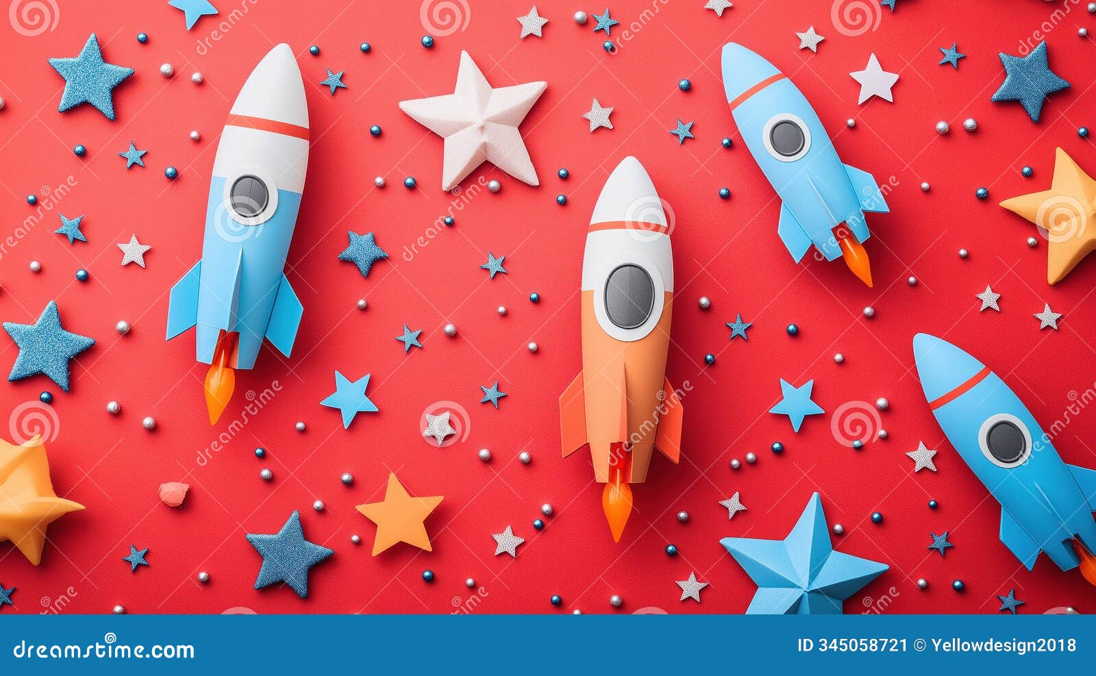 Colorful Rockets and Stars on a Red Background Stock Image - Image of ...