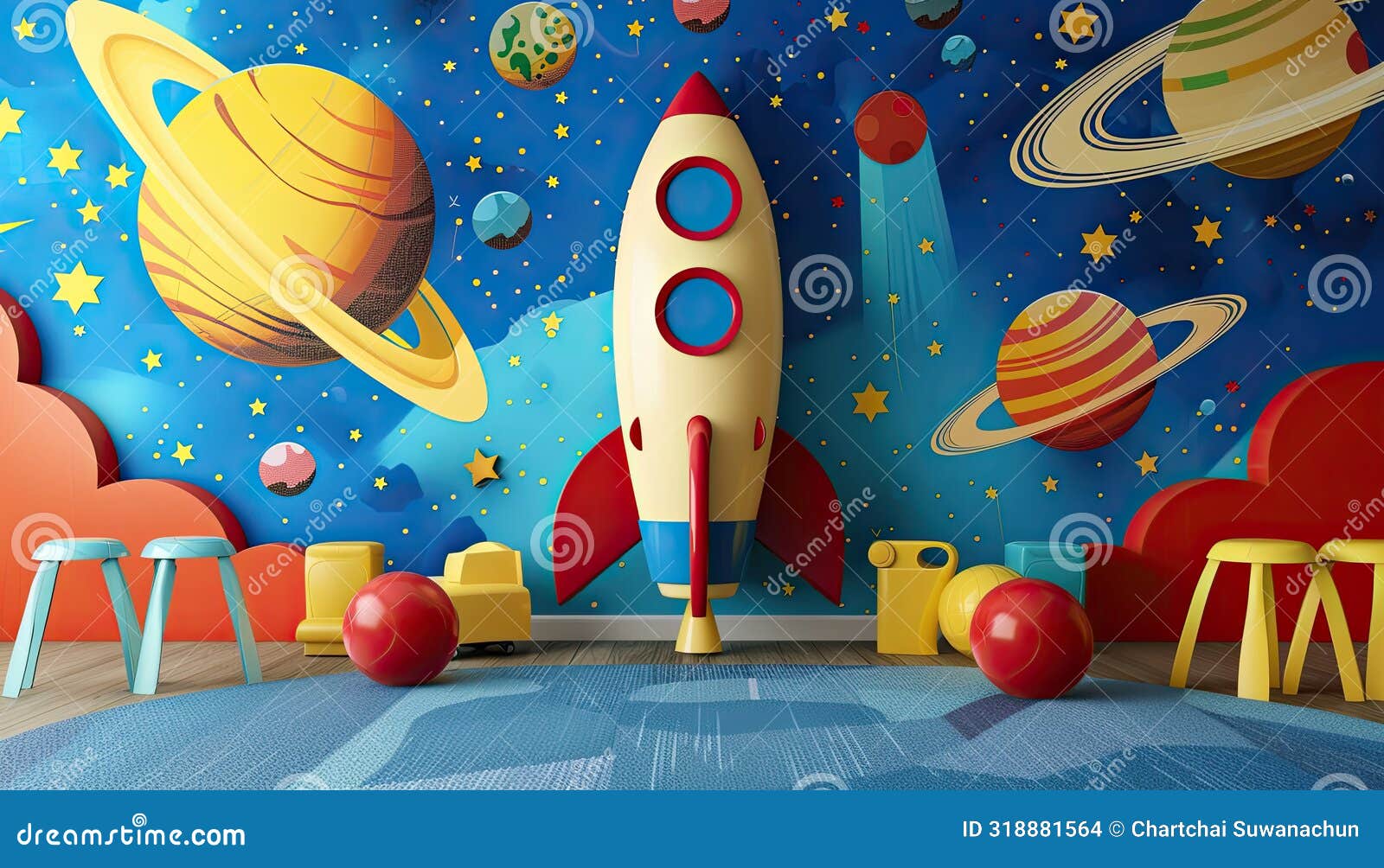 A Colorful Room with a Rocket on the Wall and a Space Theme by AI ...