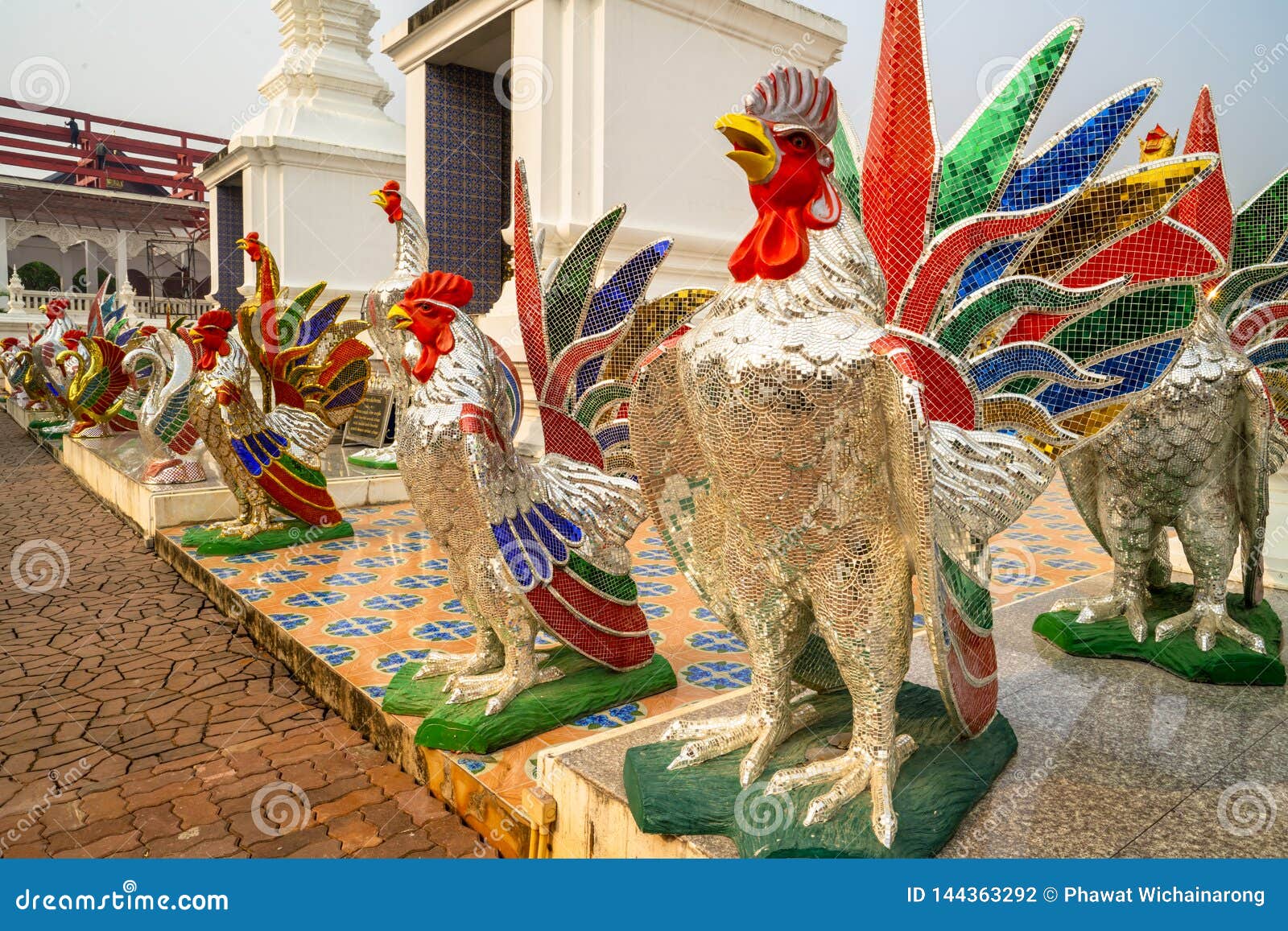 Colorful Rooster Statues in Front of the Main Gate at a Buddhist Temple ...